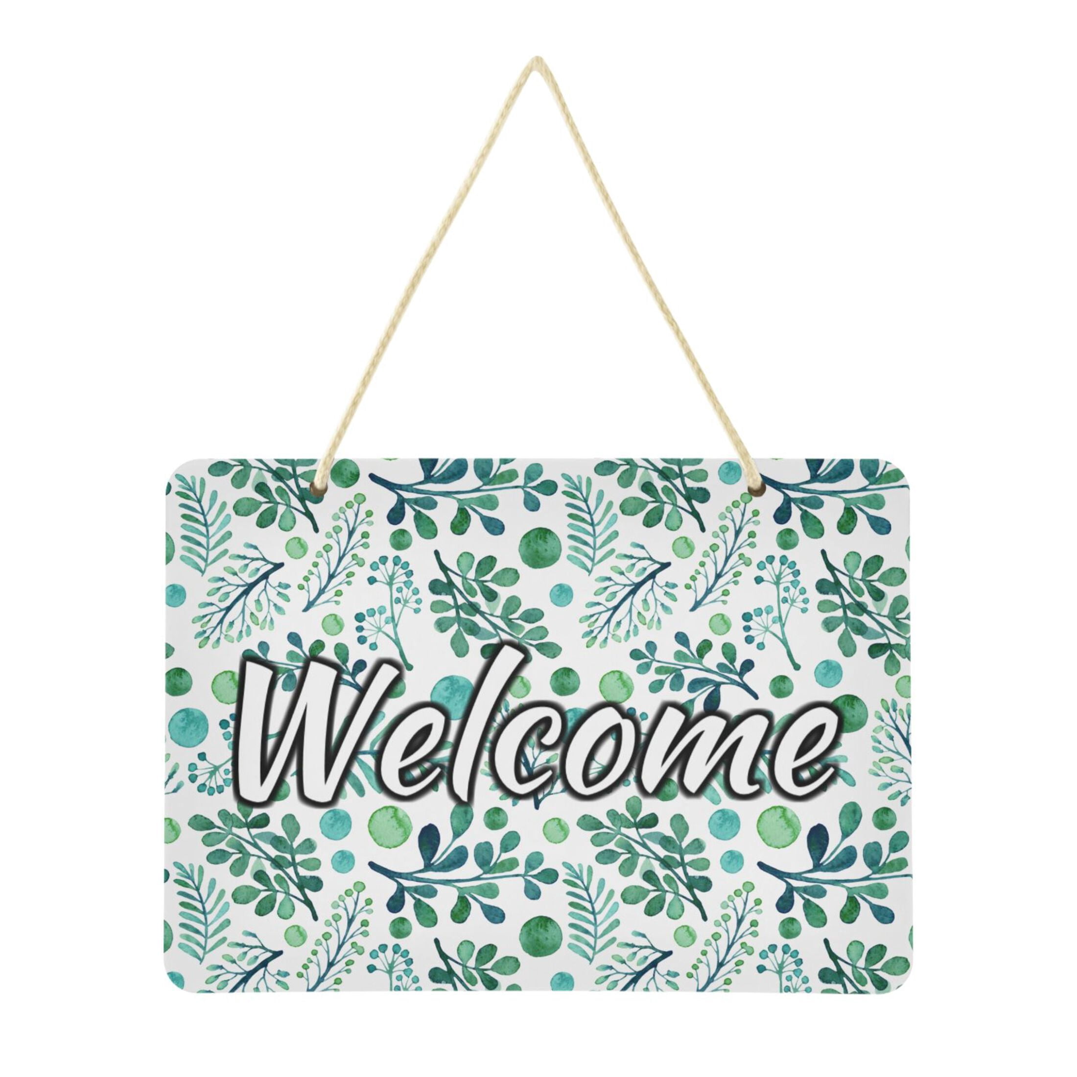 Welcome Door Sign Decoration Watercolor Green Leaves 13.8" Rectangular ...