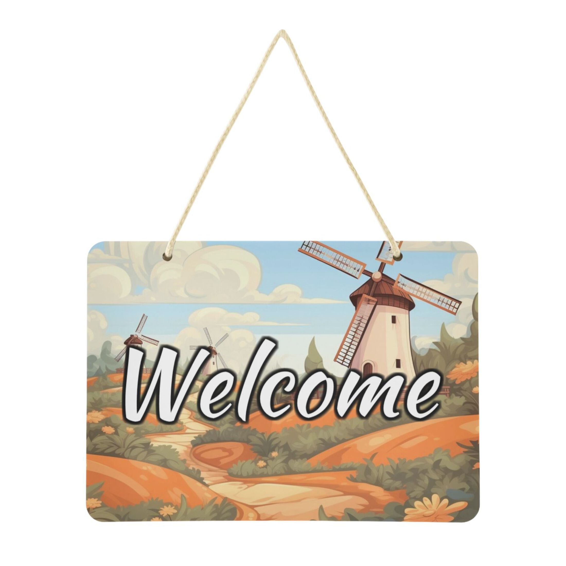 Welcome Door Sign Decoration Windmill and Flowers 13.8" Rectangular ...