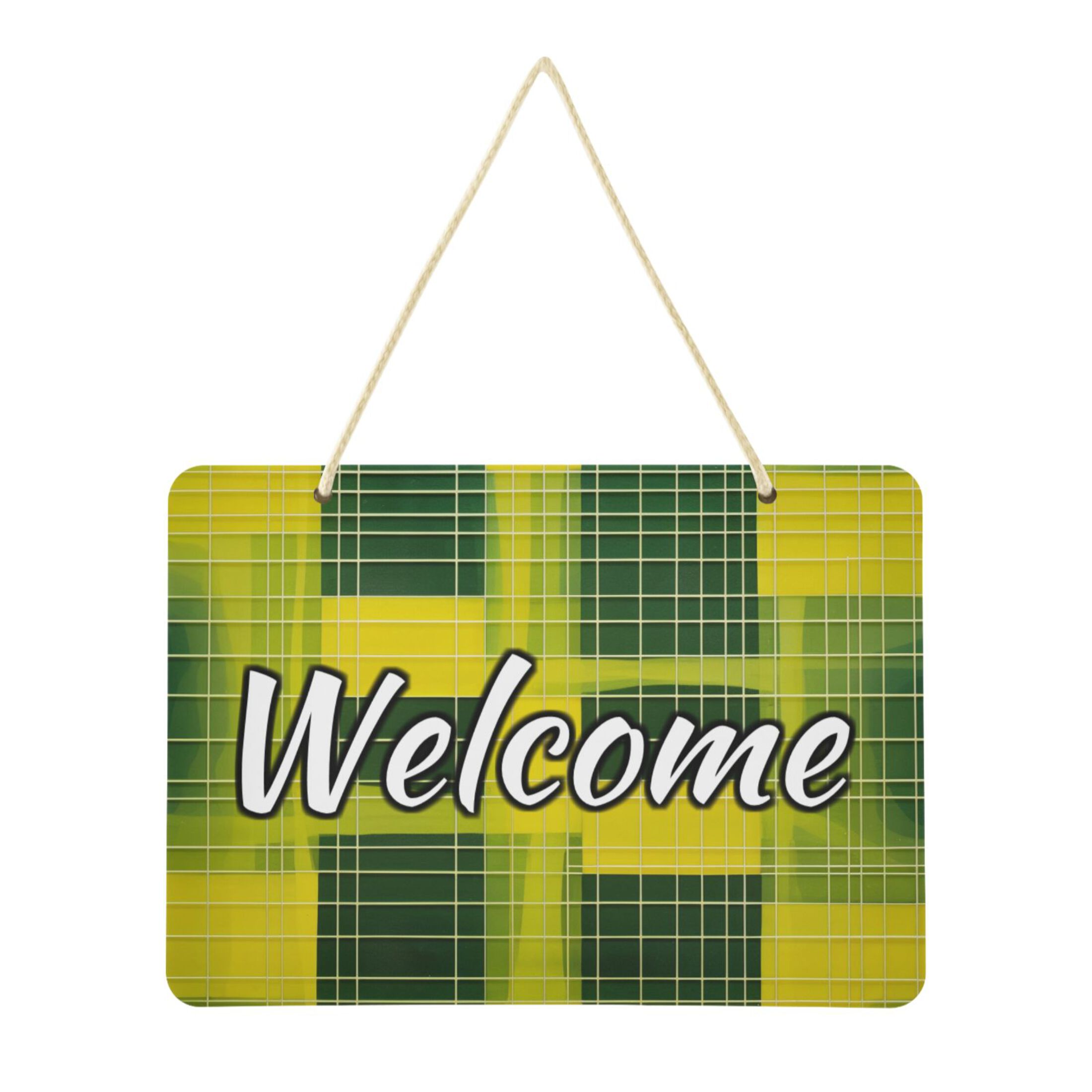 Welcome Door Sign Decoration Yellow and Green Grid 13.8" Rectangular ...