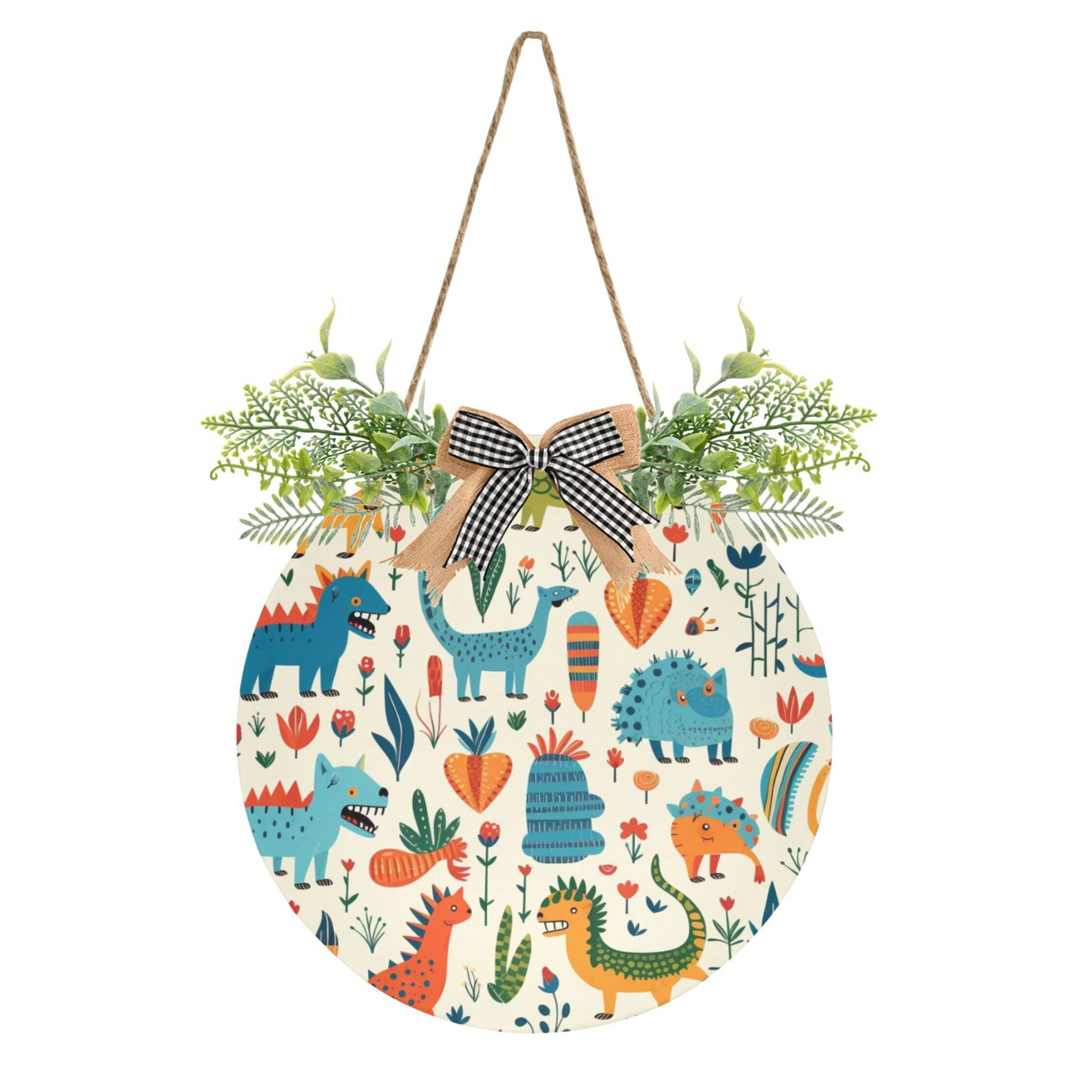 Welcome Door Sign Dinosaurs Cartoon Floral 11.8" Round Front Entrance ...