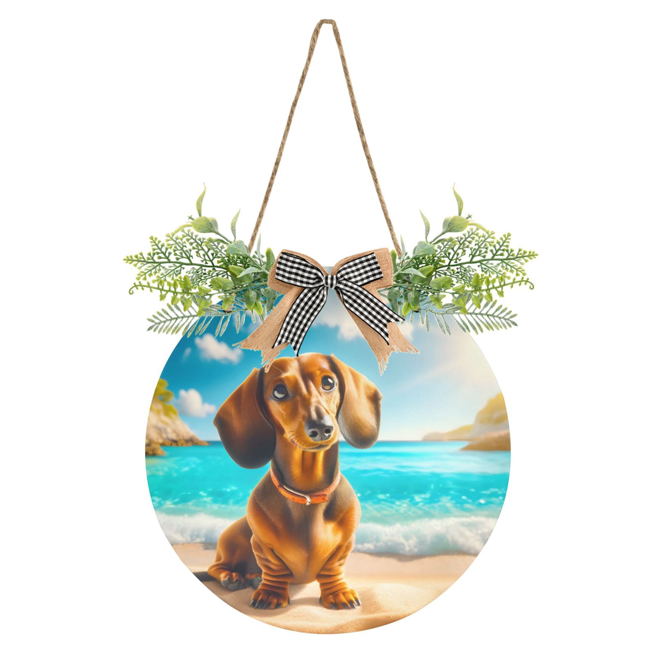Welcome Door Sign Dog on Beach and Blue Sky 11.8" Round Front Entrance ...
