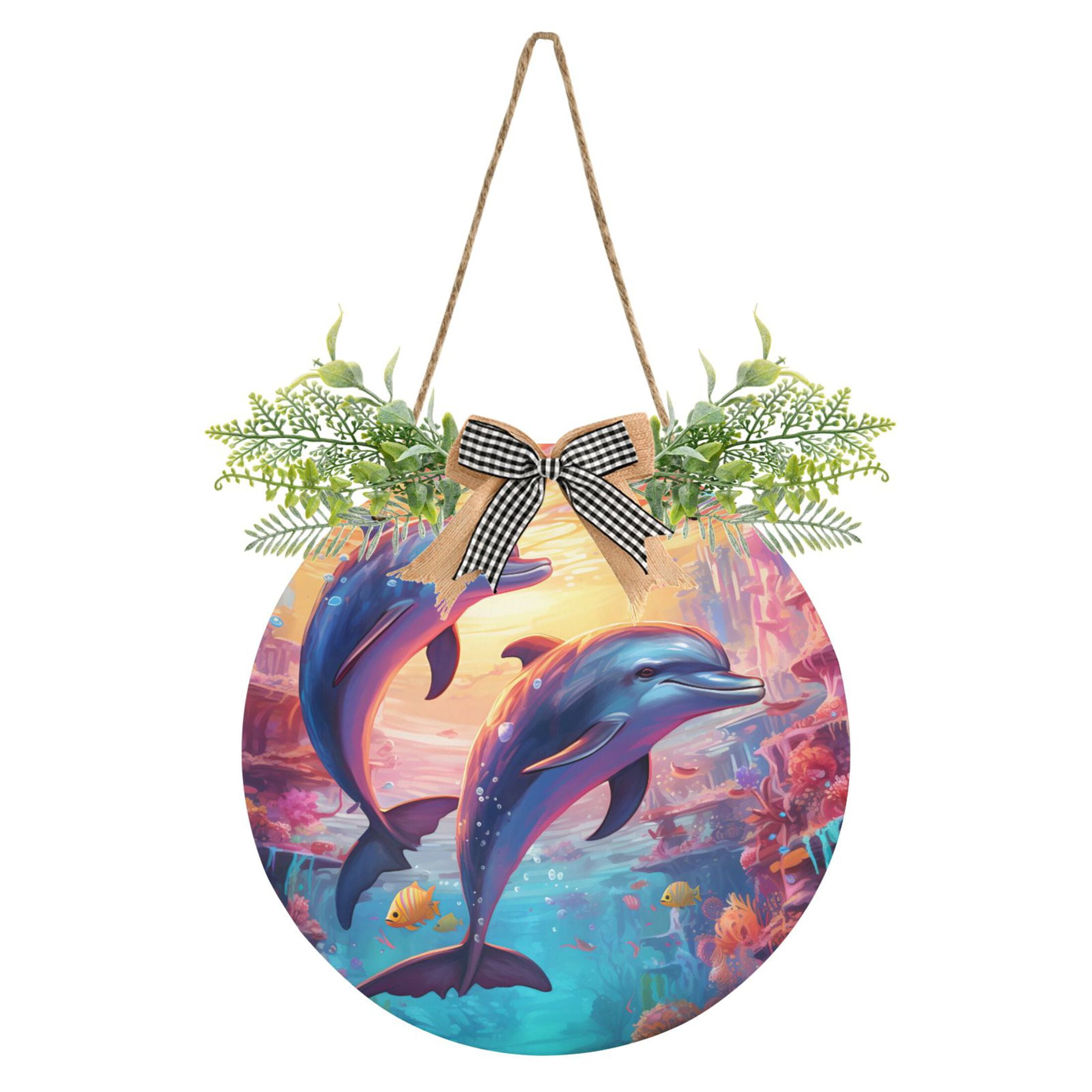 Welcome Door Sign Dolphins and Fishes 11.8" Round Front Entrance ...