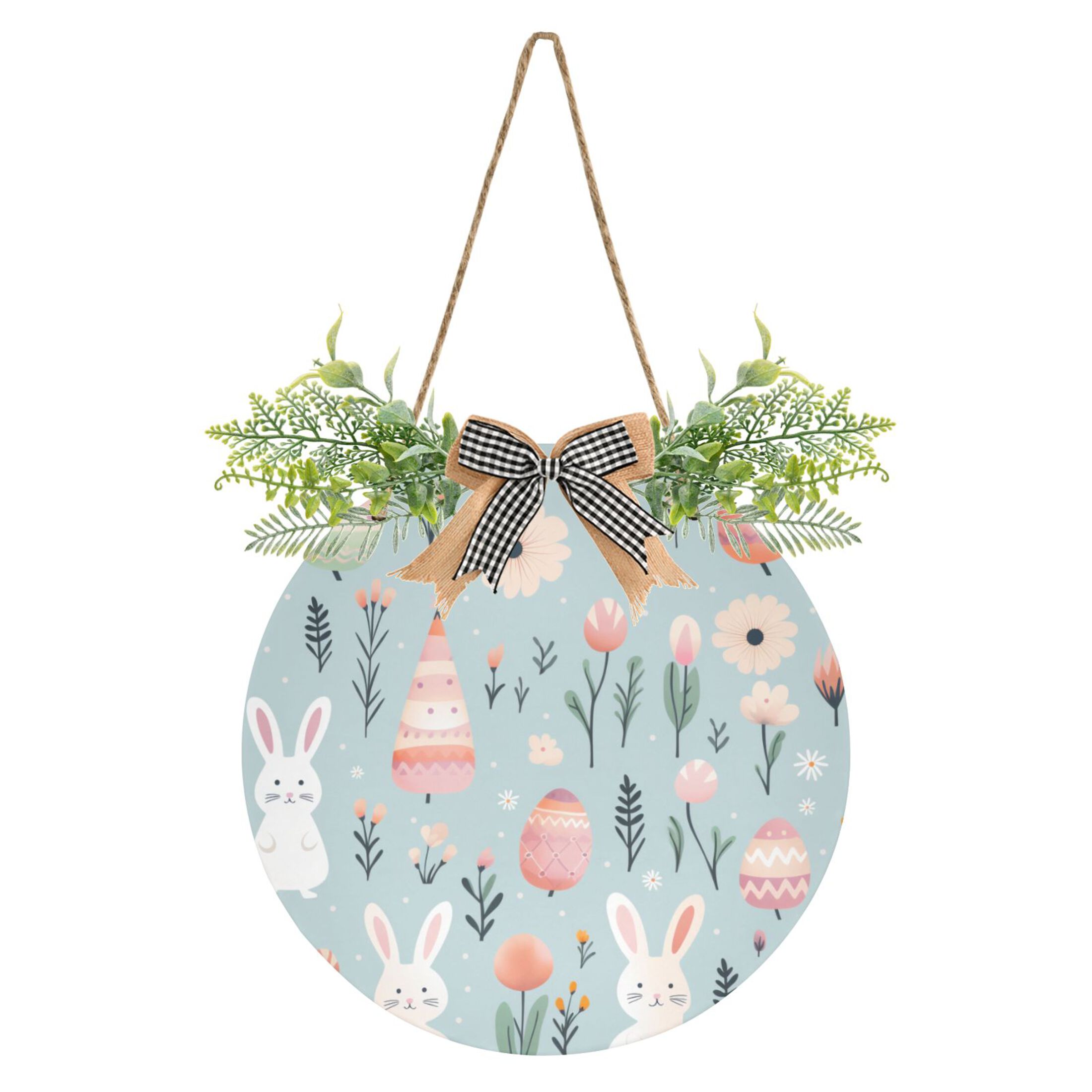 Welcome Door Sign Easter Cute Rabbits Eggs 11.8" Round Front Entrance ...