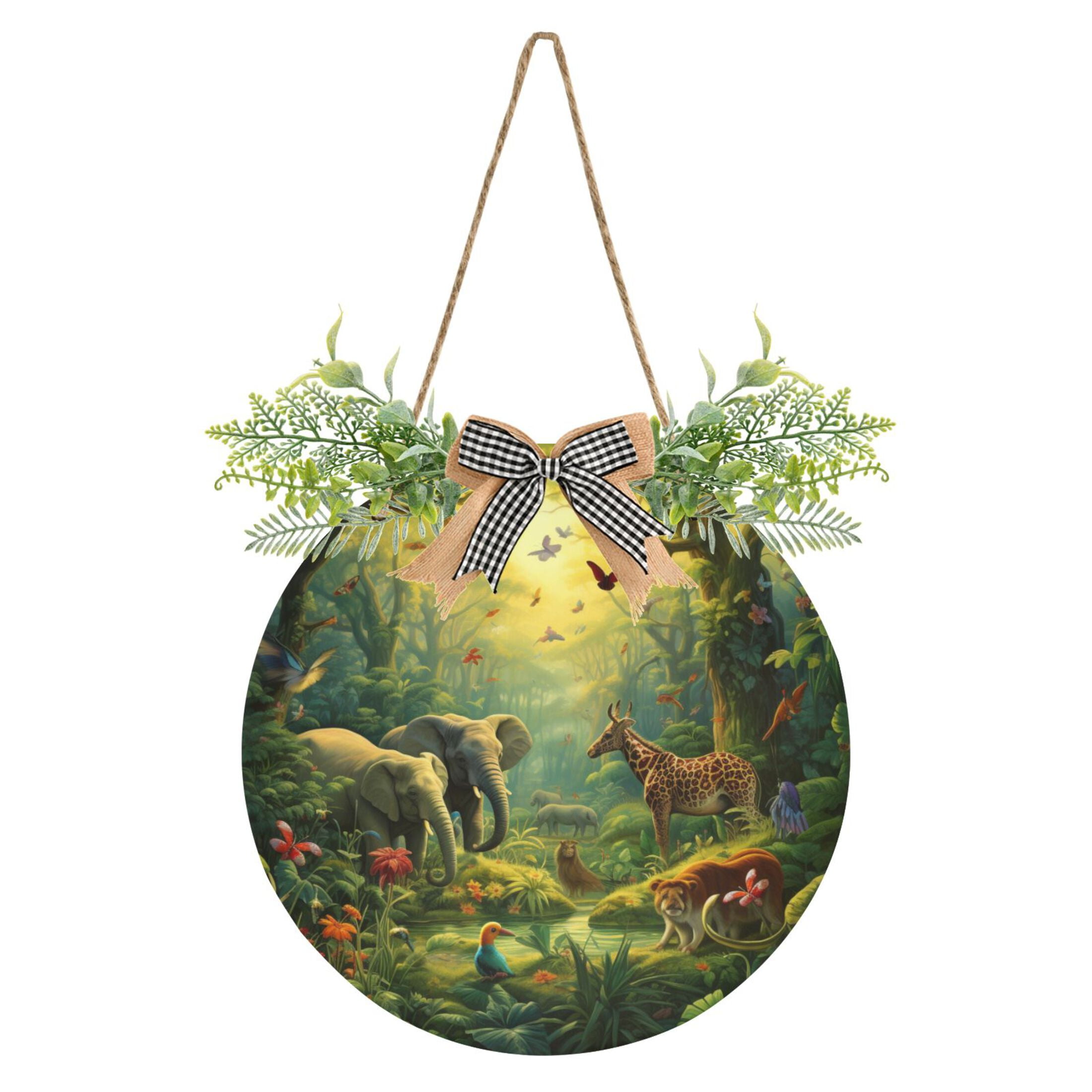 Welcome Door Sign Elephants Deer Birds Butterflies in Forest 11.8 ...