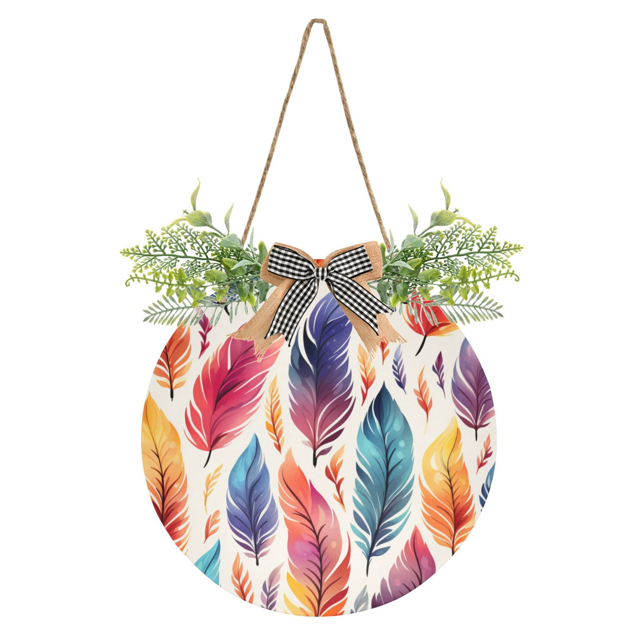 Welcome Door Sign Feathers 11.8" Round Front Entrance Hanging Sign with ...