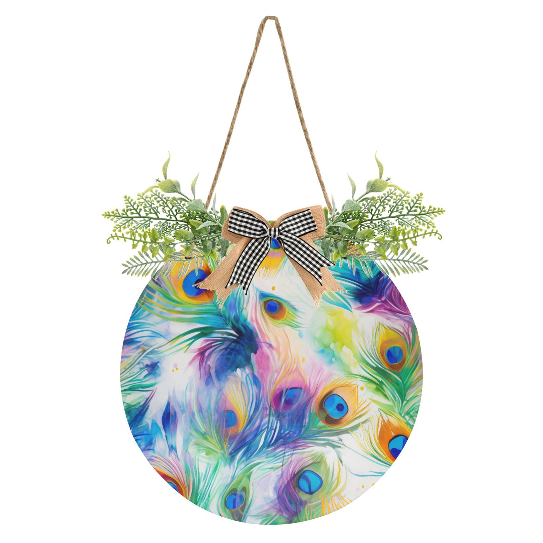 Welcome Door Sign Feathers 11.8" Round Front Entrance Hanging Sign with ...