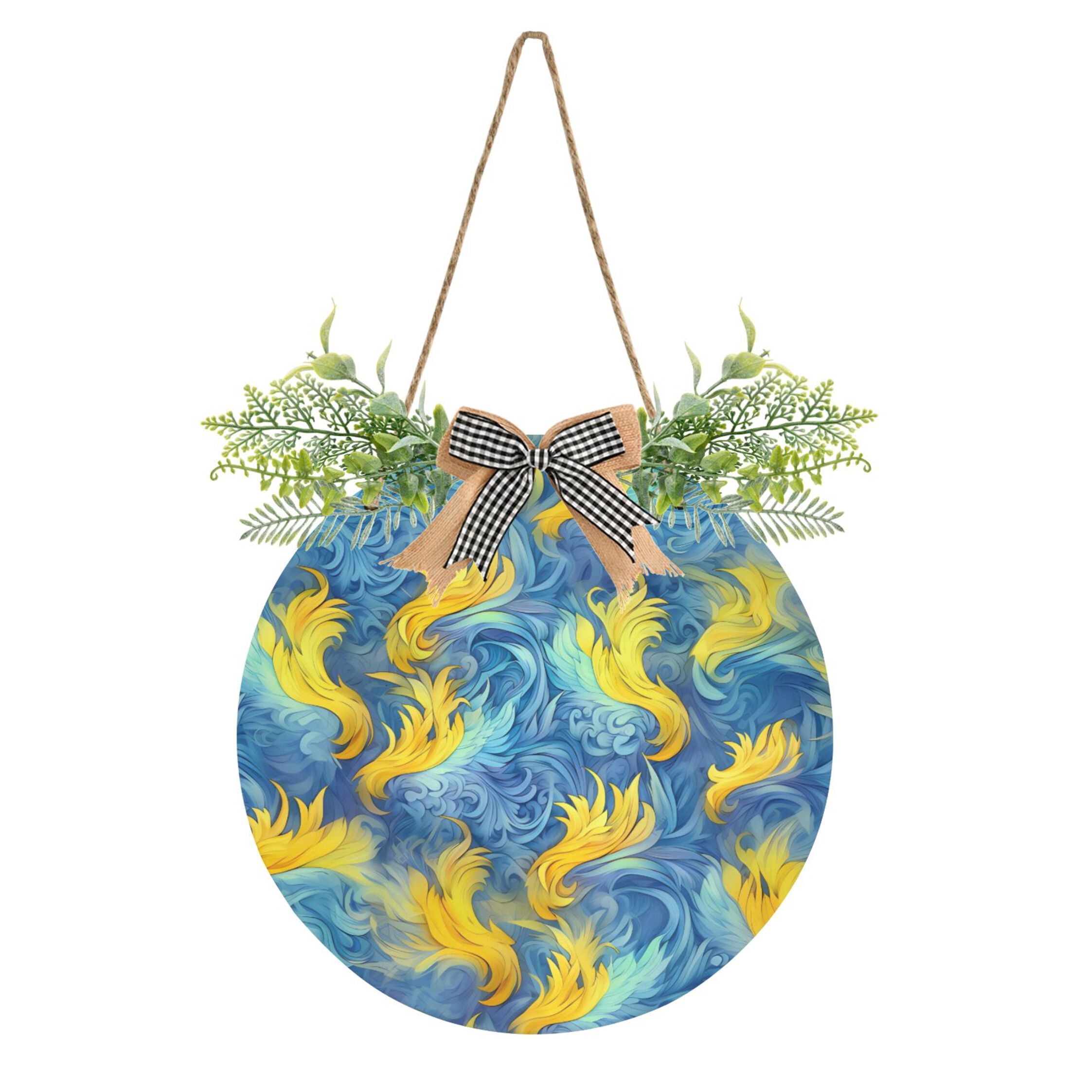 Welcome Door Sign Feathers Yellow and Blue 11.8" Round Front Entrance ...