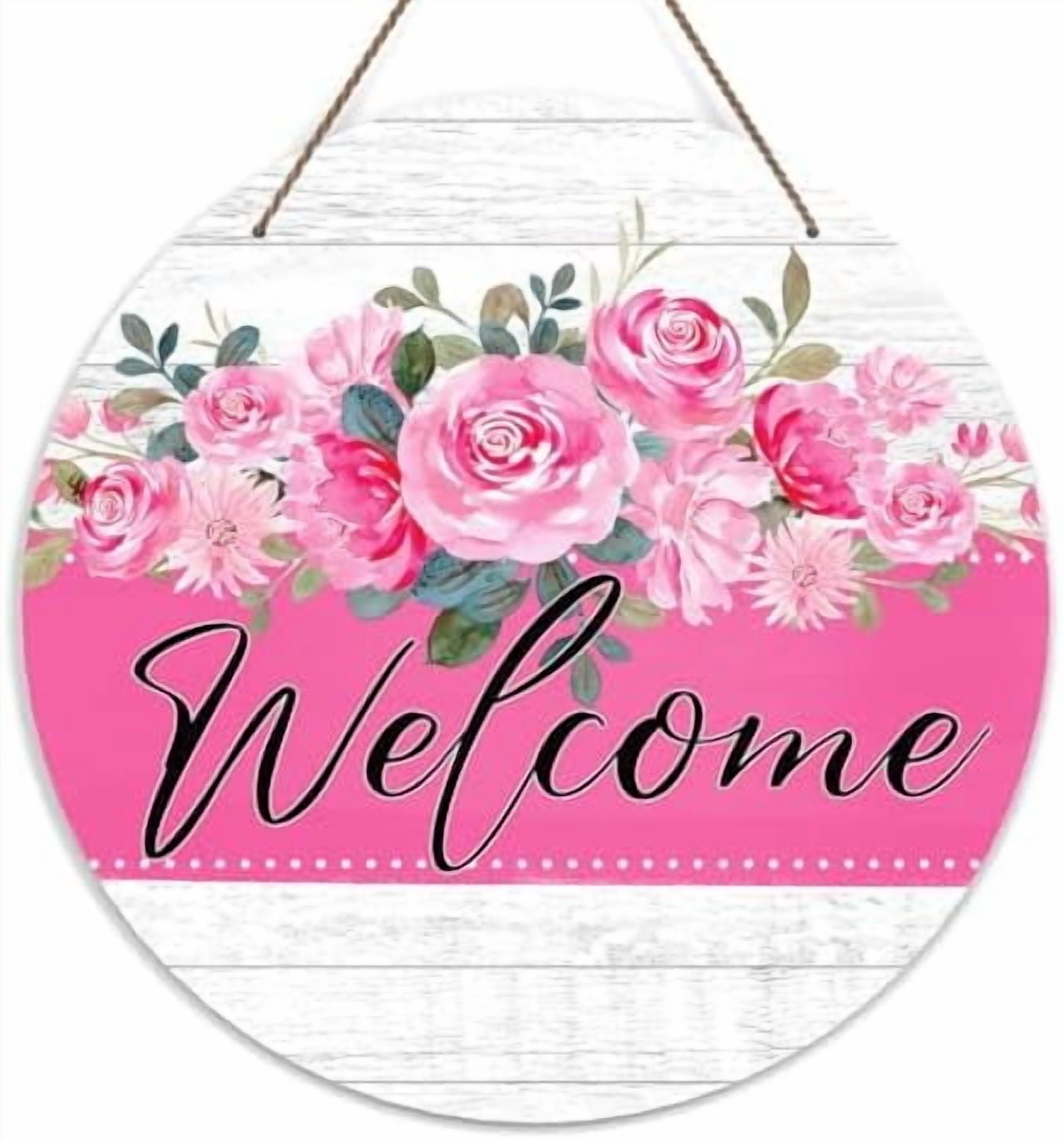 Welcome Door Sign, Flower Decor Wooden Sign Round Decorative Wall ...