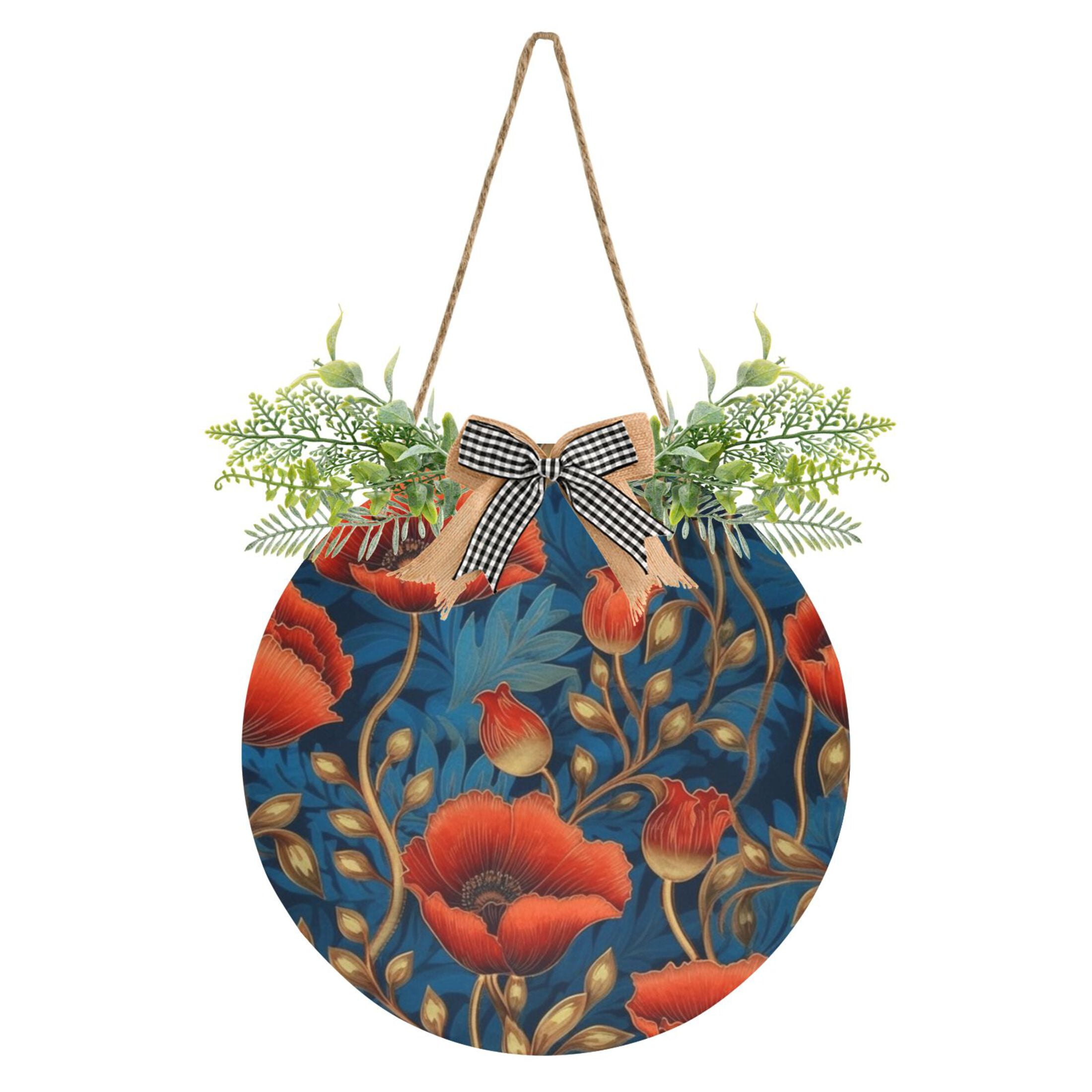 Welcome Door Sign Flower on Blue 11.8" Round Front Entrance Hanging ...