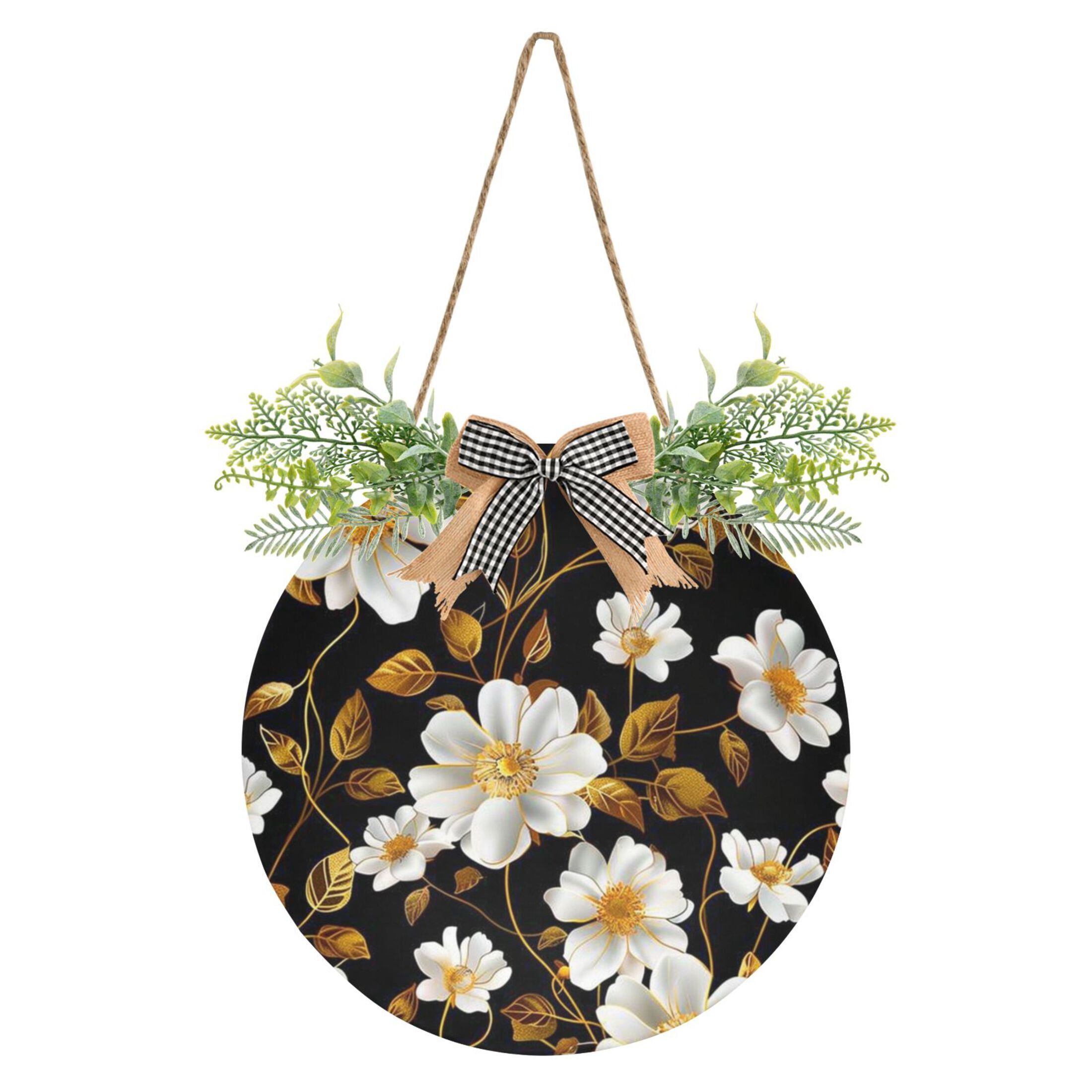 Welcome Door Sign Flower with Golden Leaves 11.8" Round Front Entrance ...