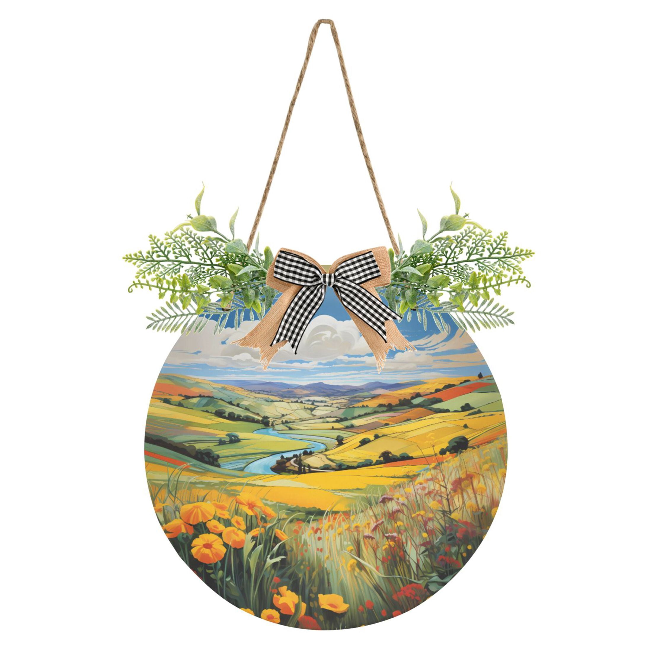 Welcome Door Sign Flowers Field and Sky 11.8" Round Front Entrance ...