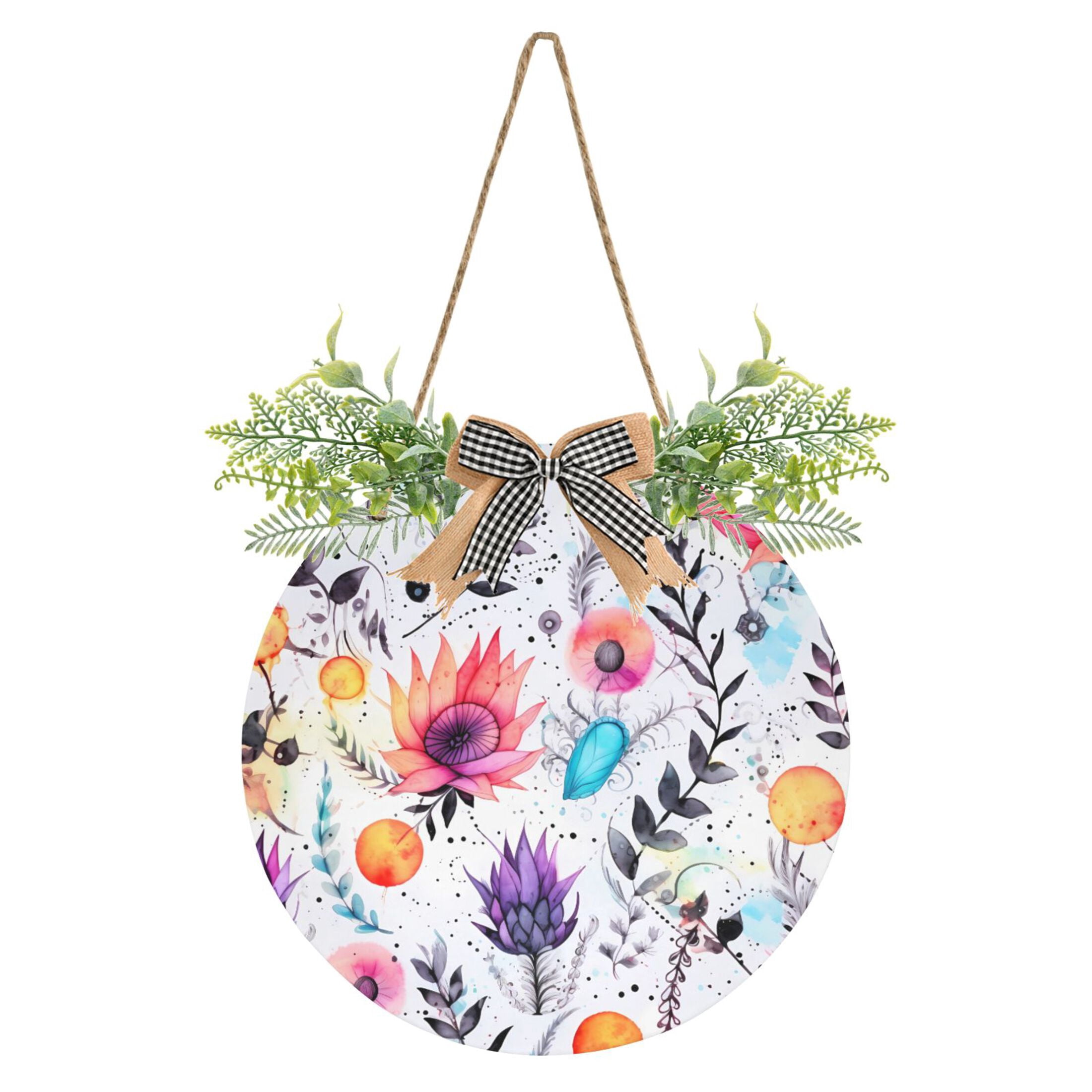 Welcome Door Sign Flowers Floral 11.8" Round Front Entrance Hanging ...