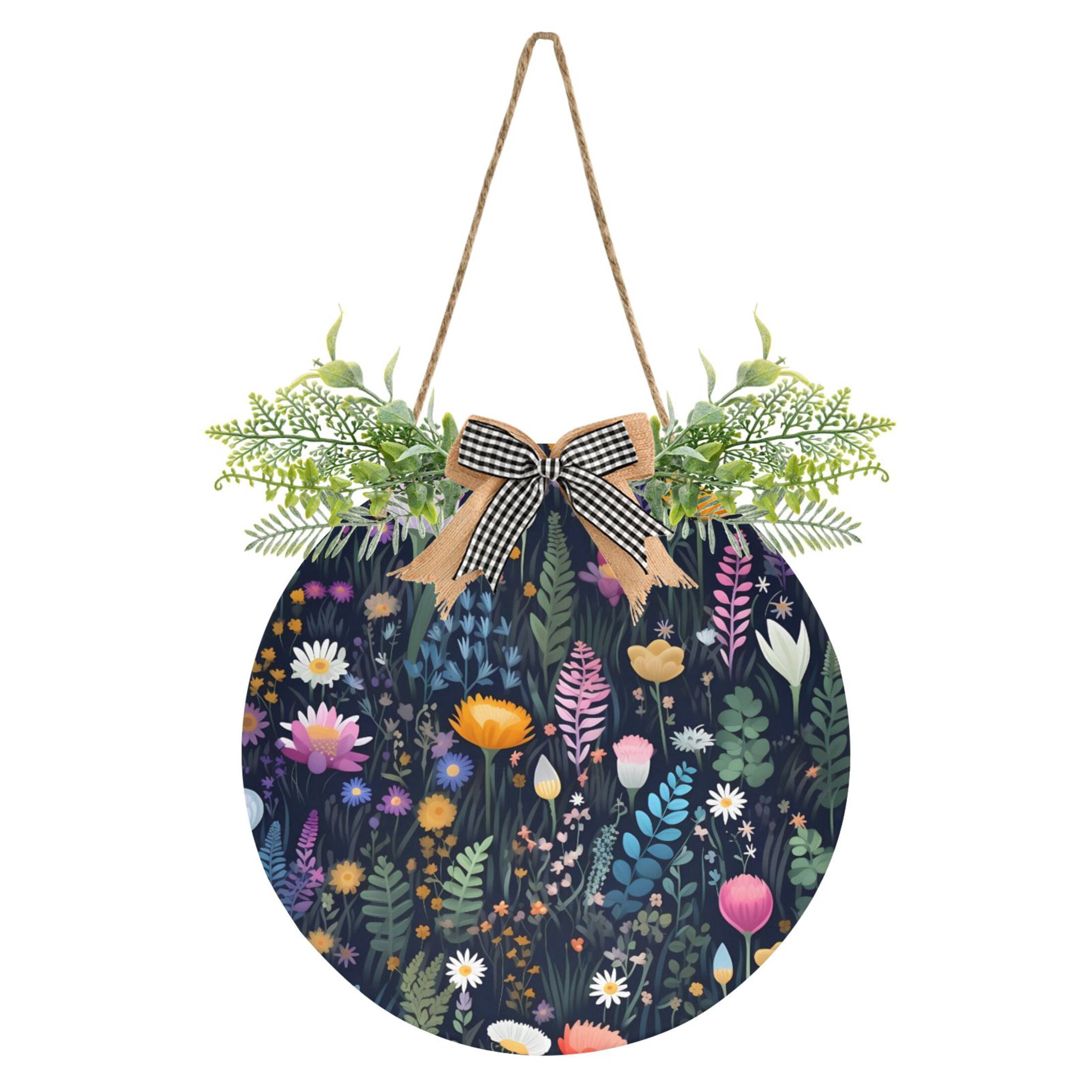Welcome Door Sign Flowers Floral 11.8" Round Front Entrance Hanging ...
