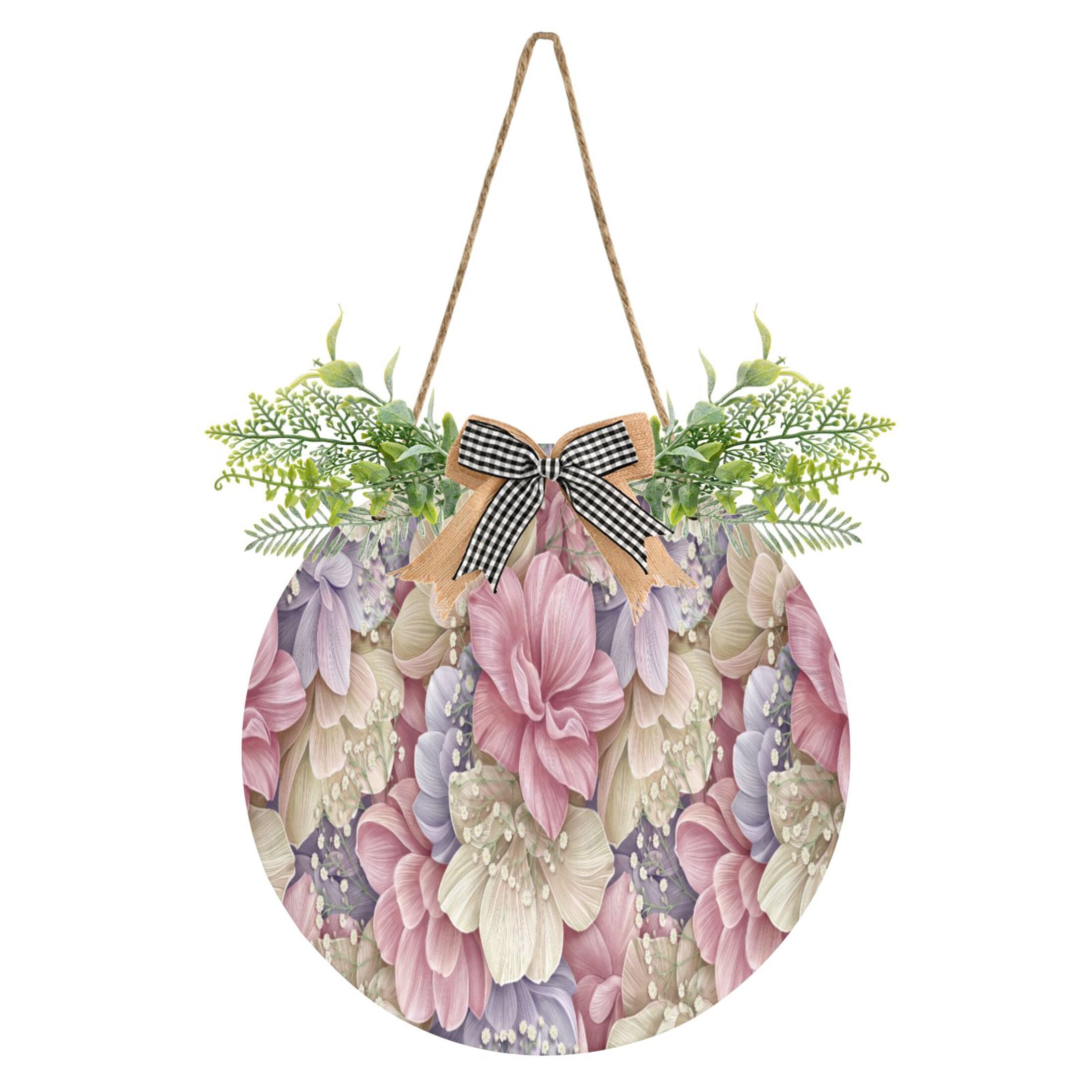 Welcome Door Sign Flowers Pink and Beige Hydrangea 11.8" Round Front ...