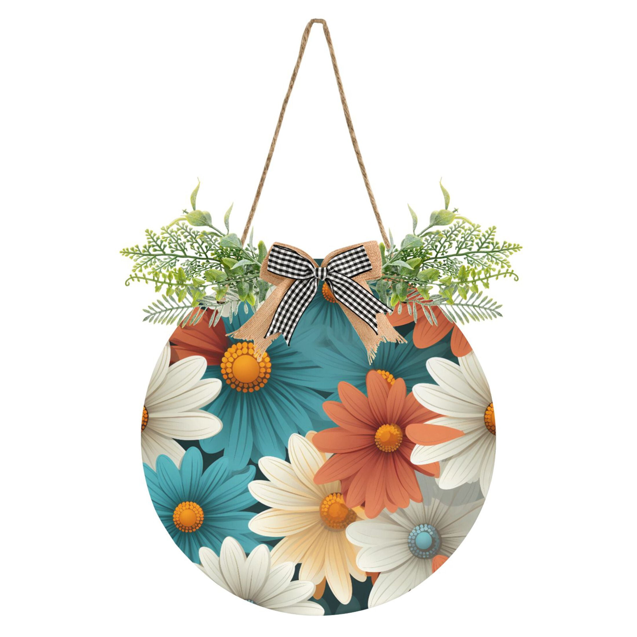 Welcome Door Sign Flowers Plants 11.8" Round Front Entrance Hanging ...