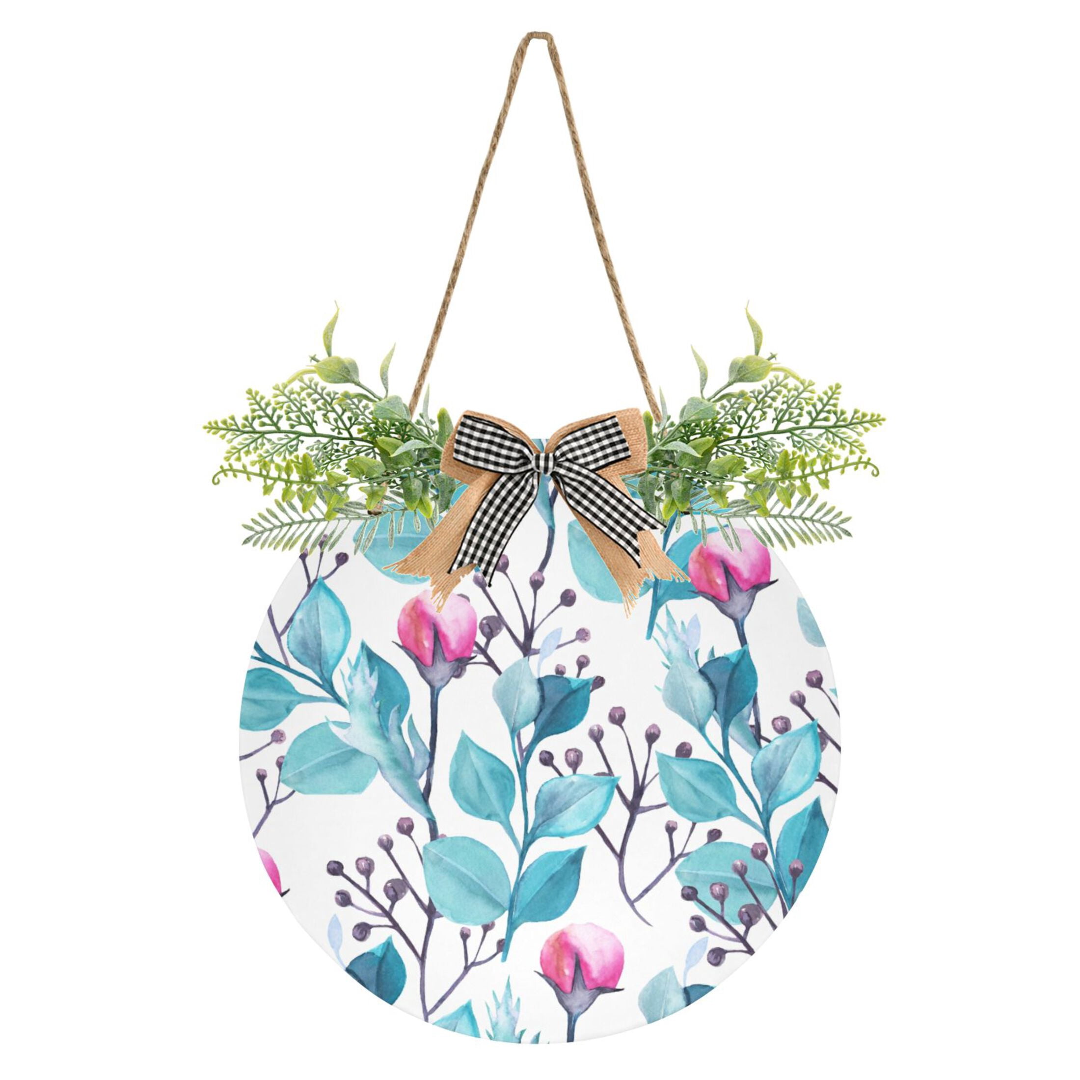 Welcome Door Sign Flowers and Leaves Green 11.8" Round Front Entrance ...