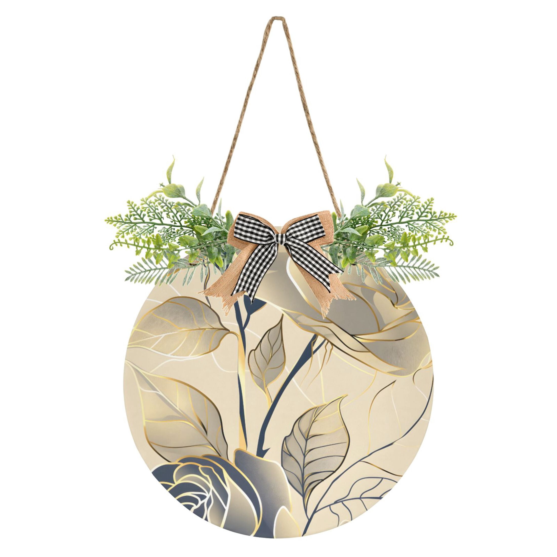 Welcome Door Sign Golden Flower Art 11.8" Round Front Entrance Hanging ...
