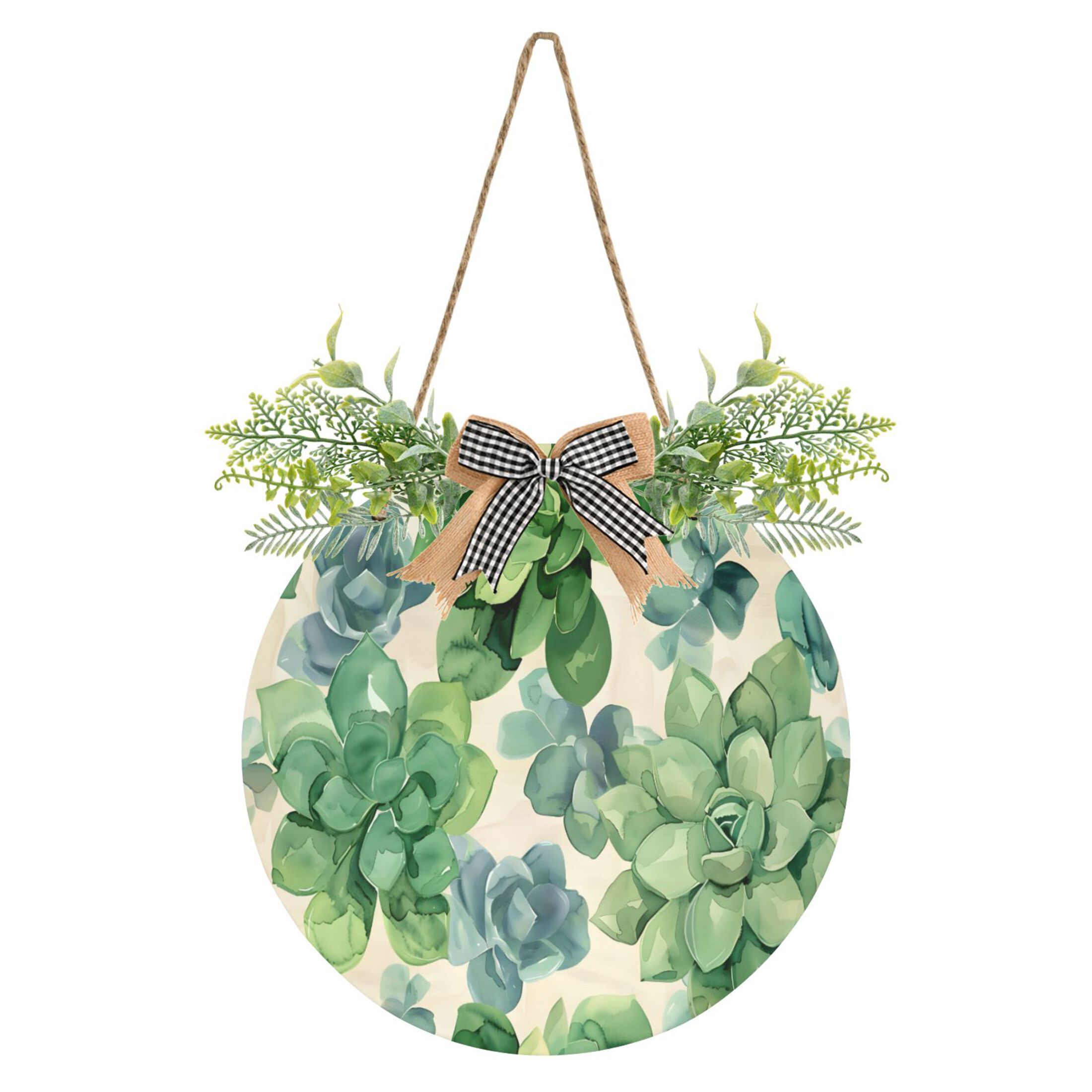 Welcome Door Sign Green Abstract Succulents 11.8" Round Front Entrance ...