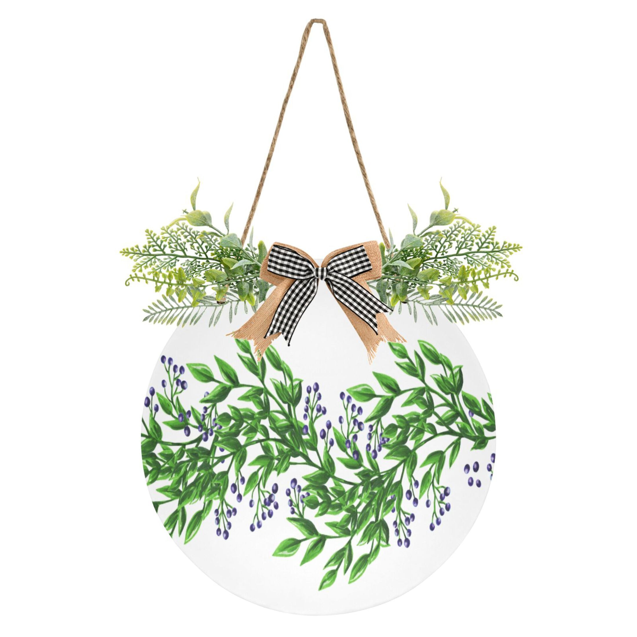 Welcome Door Sign Green Branches and Purple Berries 11.8" Round Front ...