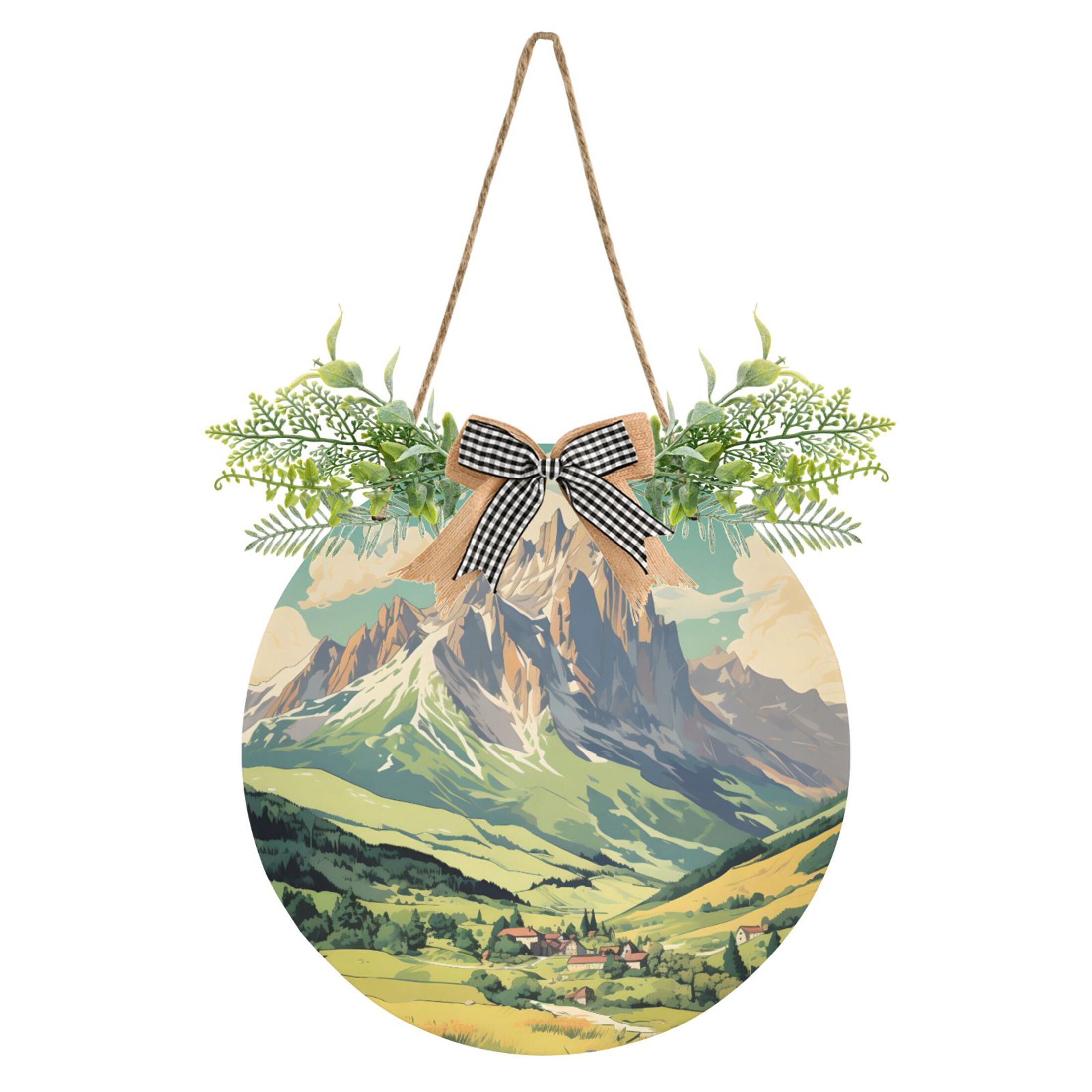 Welcome Door Sign Green Landscape 11.8" Round Front Entrance Hanging ...