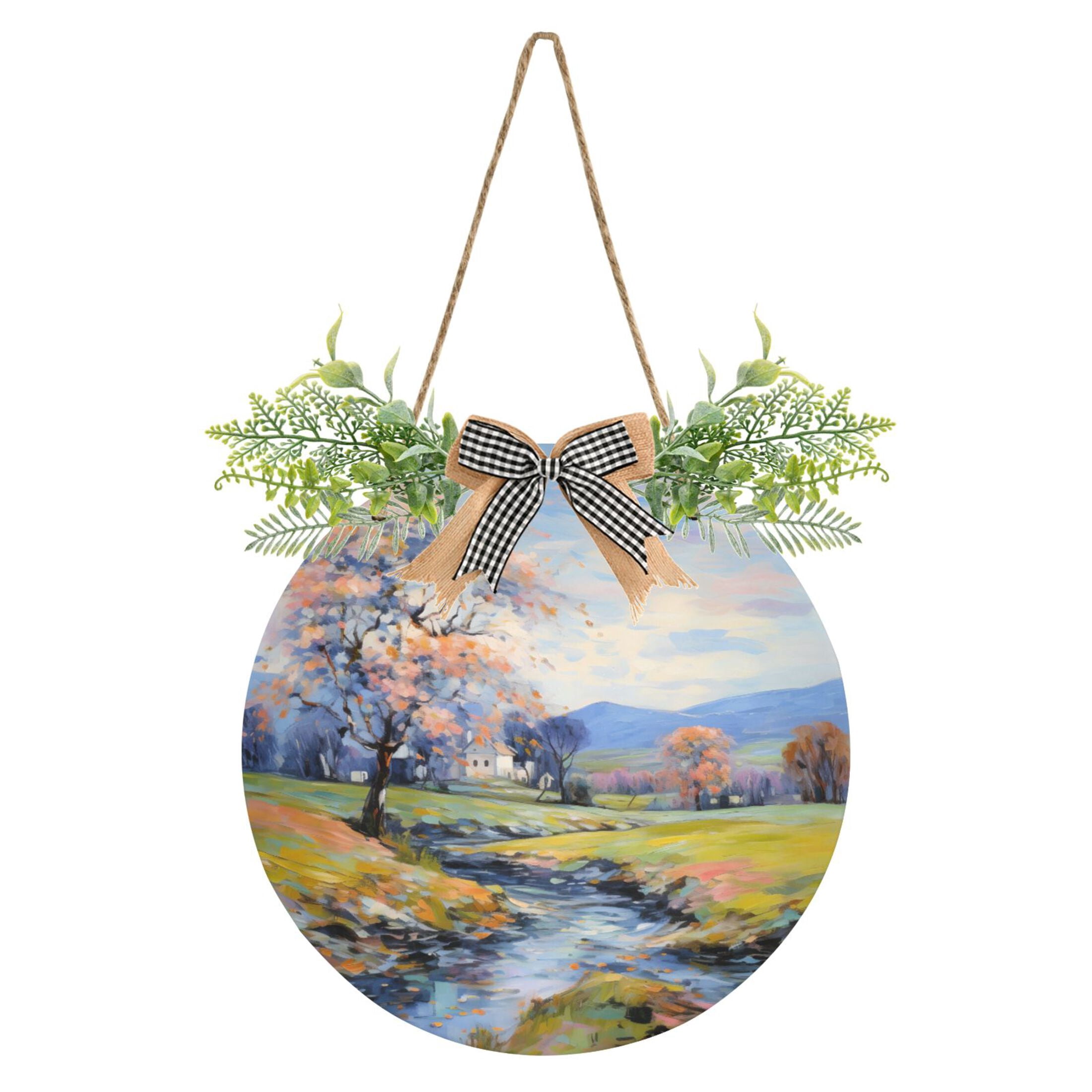 Welcome Door Sign Green Landscape 11.8" Round Front Entrance Hanging ...