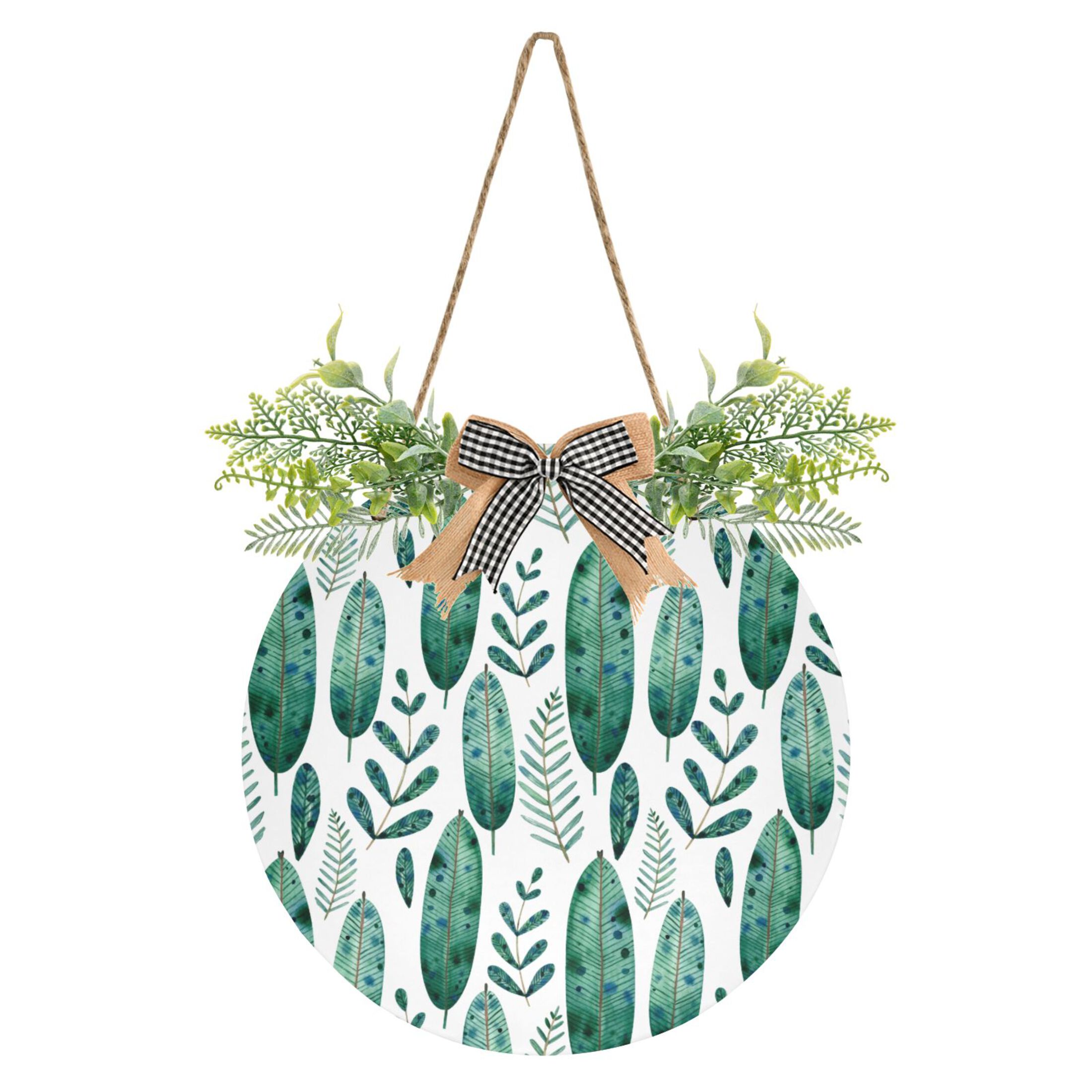 Welcome Door Sign Green Leaves Branches 11.8" Round Front Entrance ...