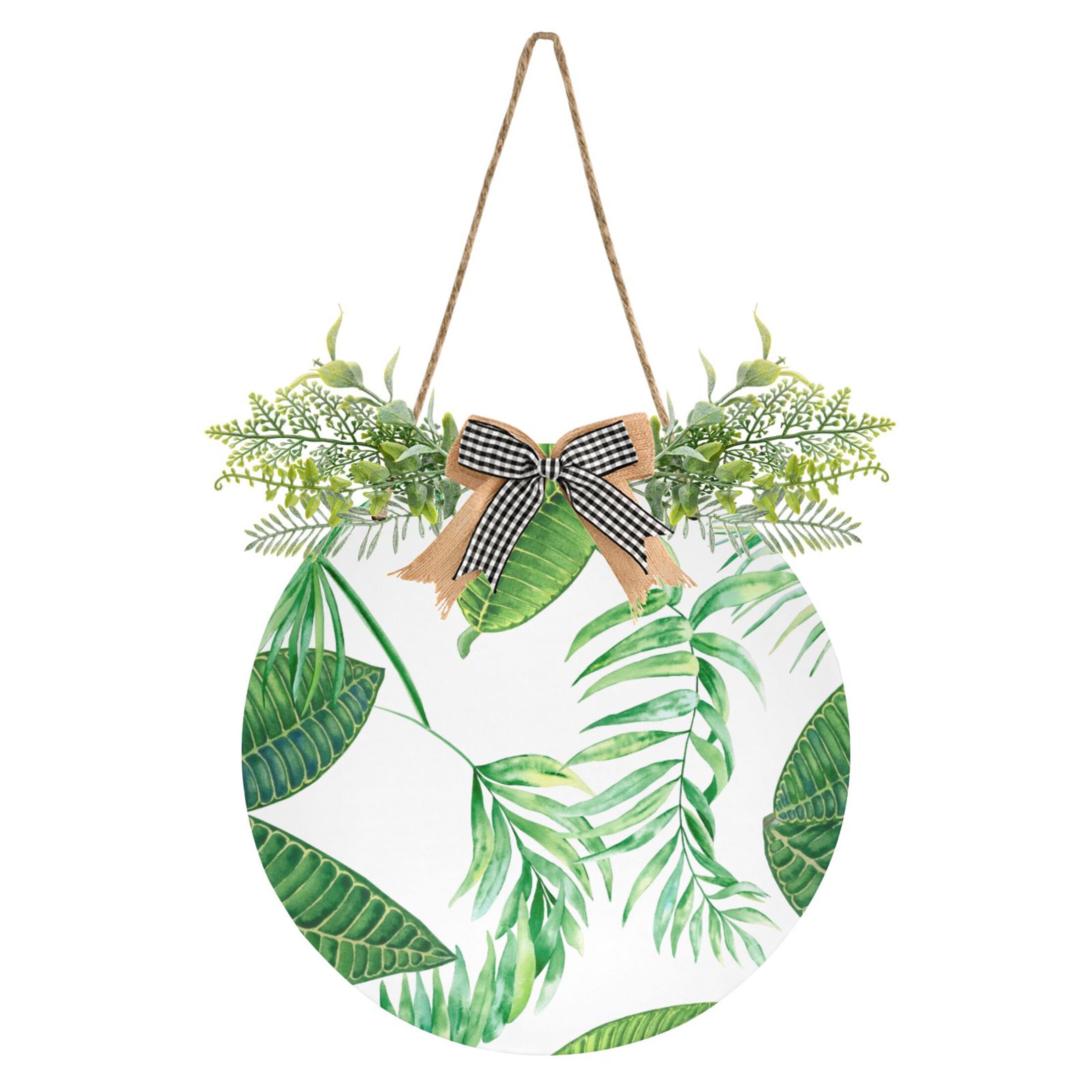 Welcome Door Sign Green Palm Tropical Leaves 11.8" Round Front Entrance ...