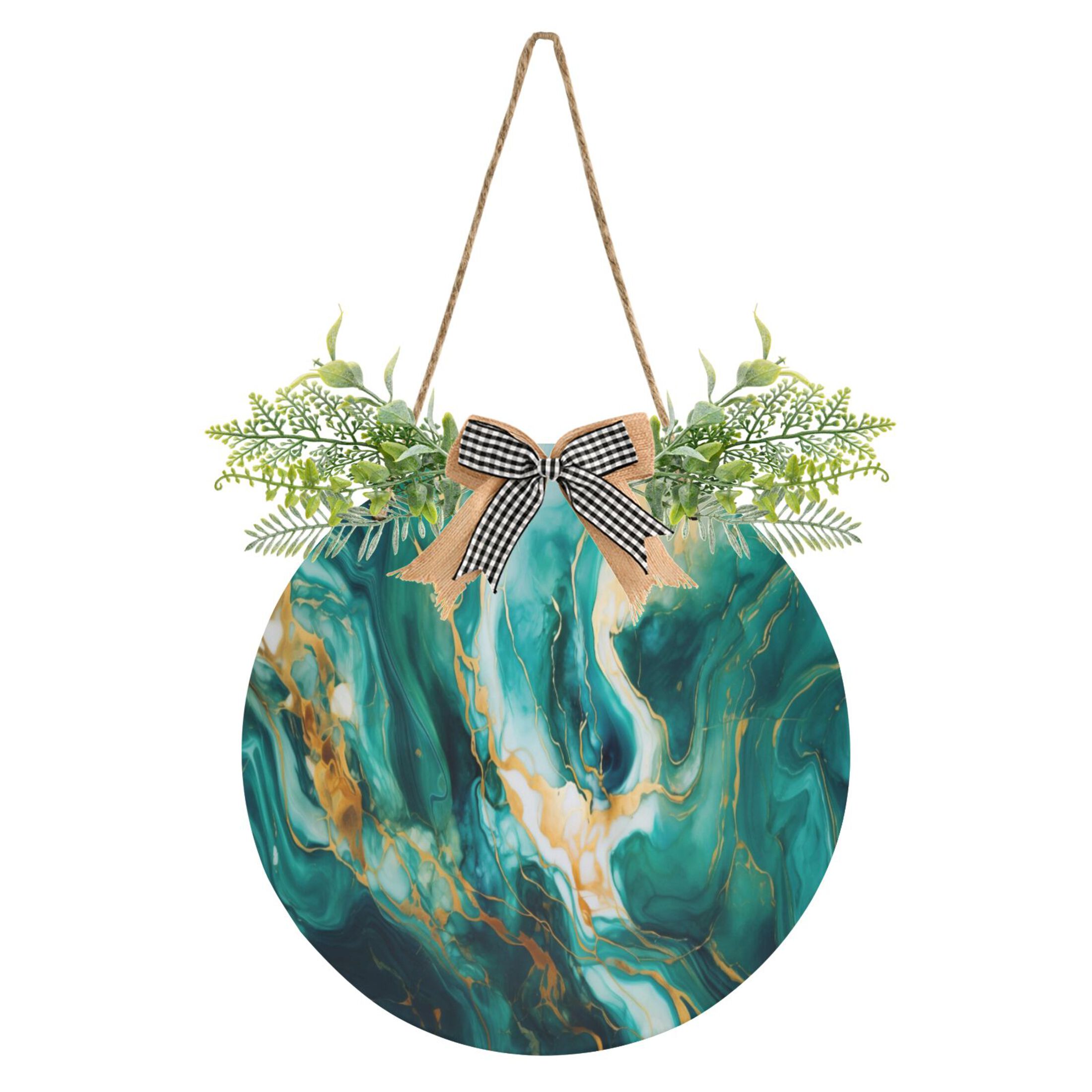 Welcome Door Sign Green and Gold Marble 11.8" Round Front Entrance ...