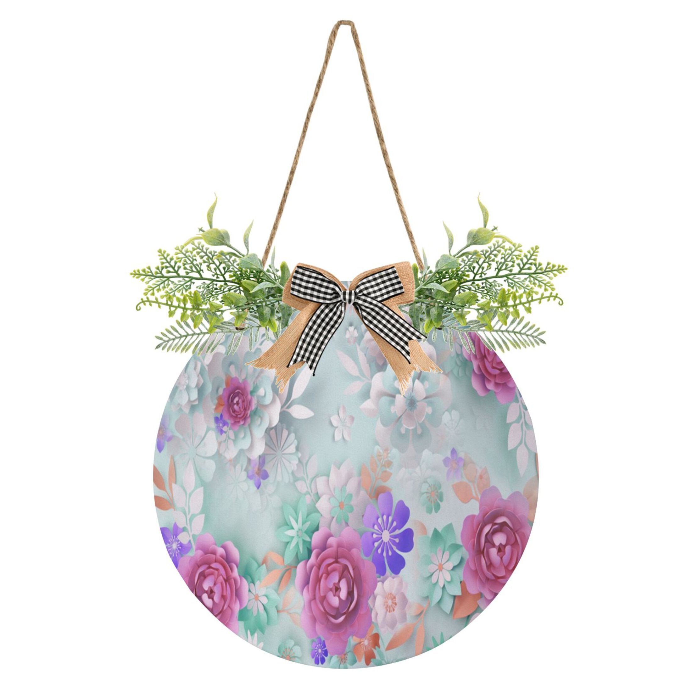 Welcome Door Sign Green with Pink Roses Flowers 11.8" Round Front ...