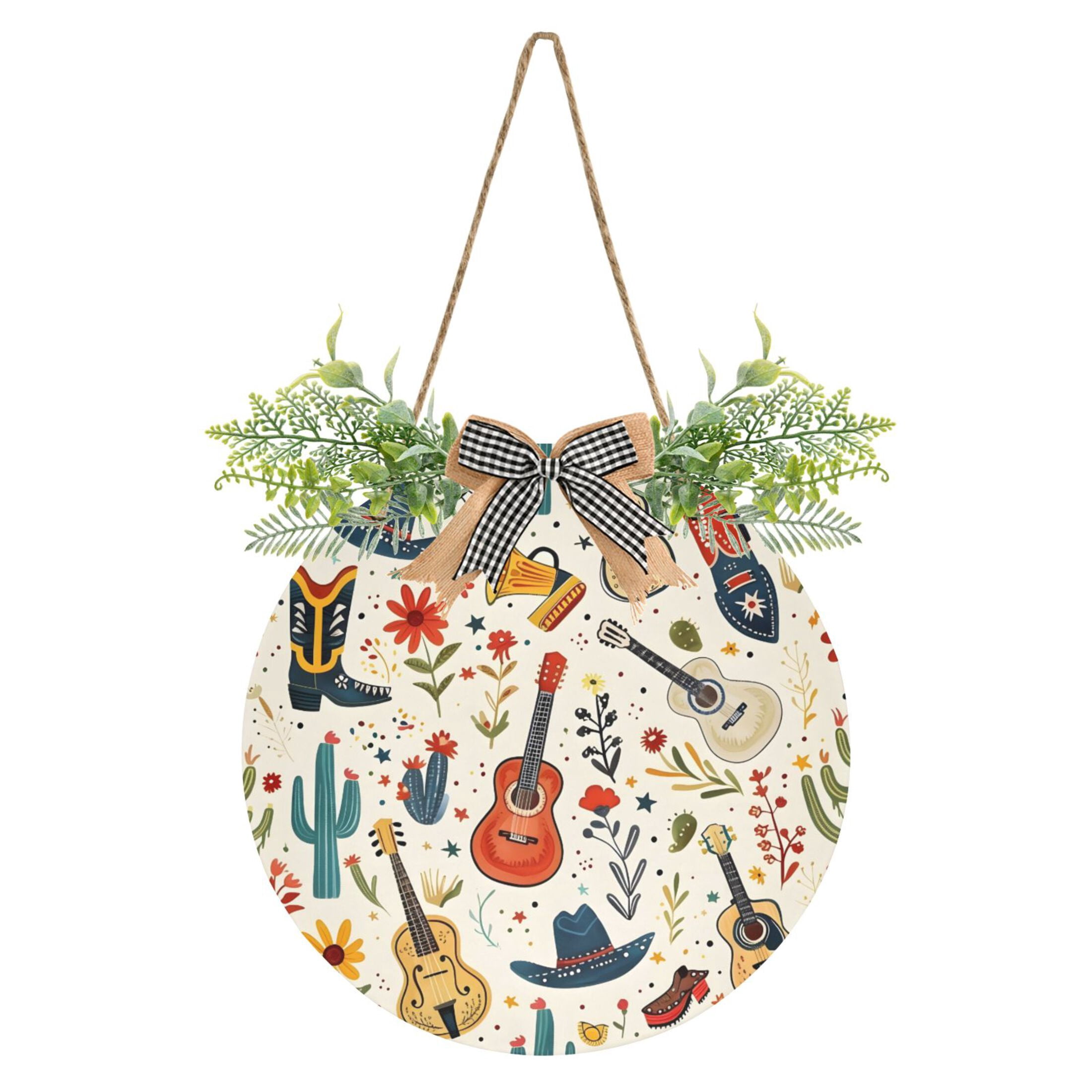 Welcome Door Sign Guitar and Boot 11.8" Round Front Entrance Hanging ...