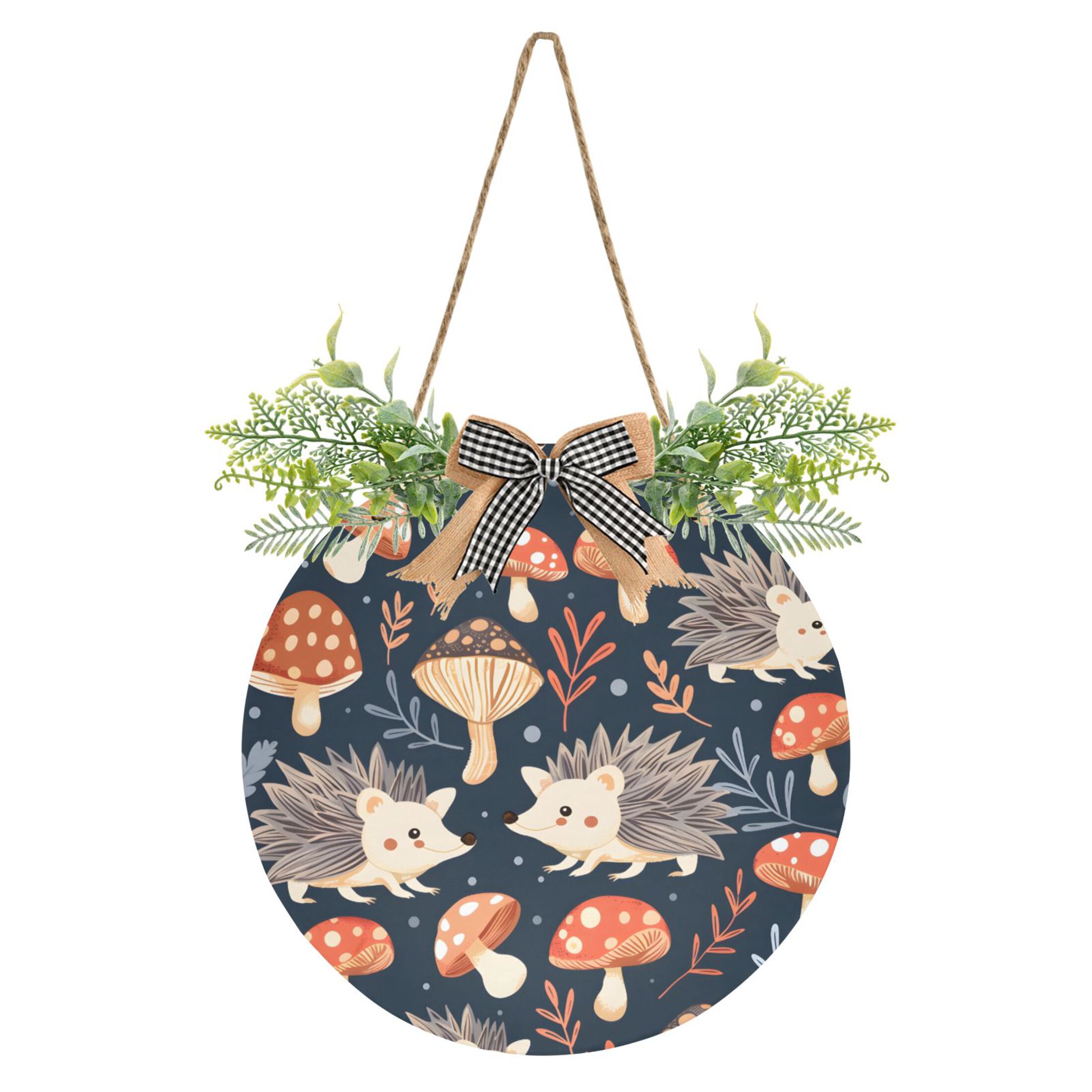Welcome Door Sign Hedgehog and Mushrooms 11.8" Round Front Entrance ...