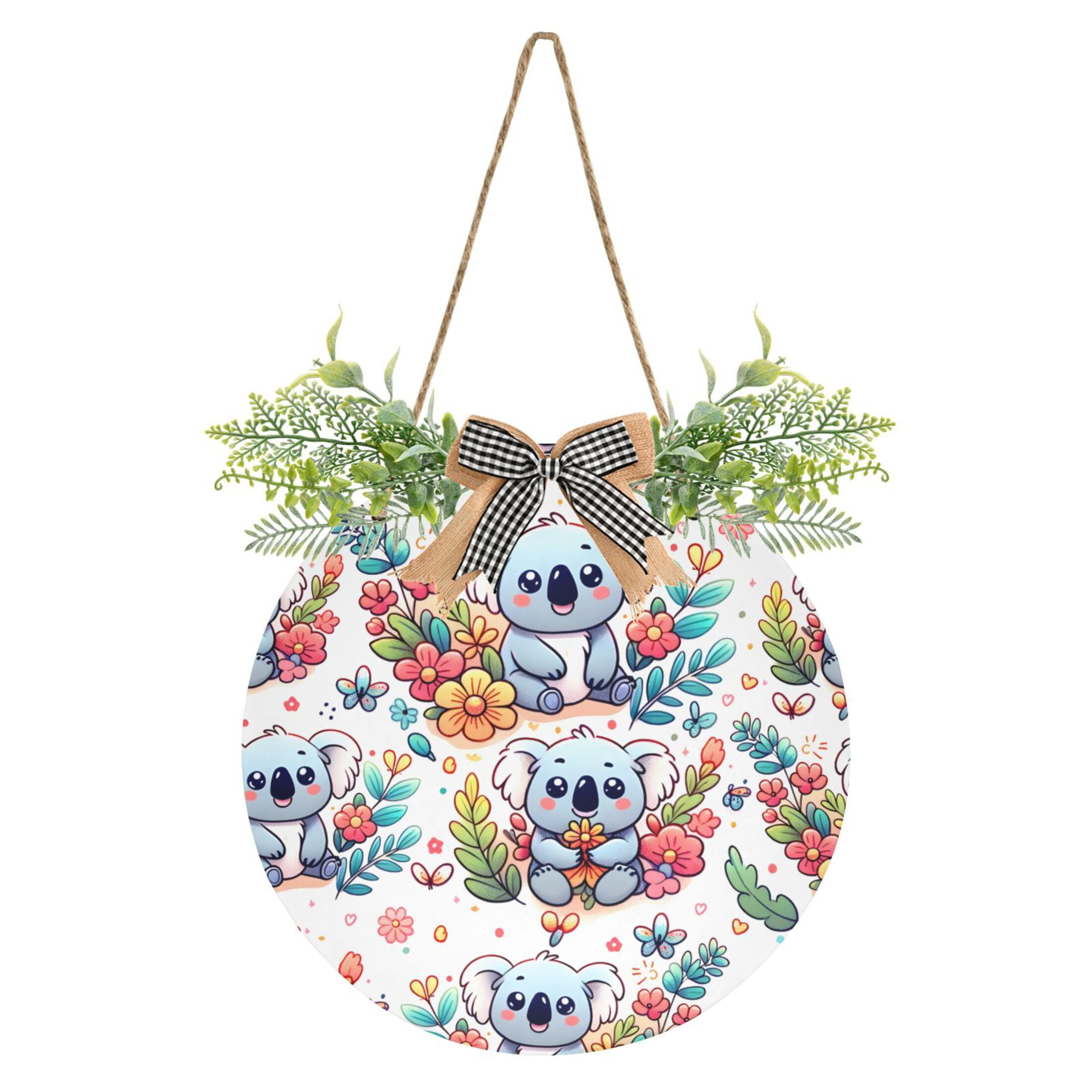 Welcome Door Sign Koala and Flowers Plants 11.8" Round Front Entrance ...