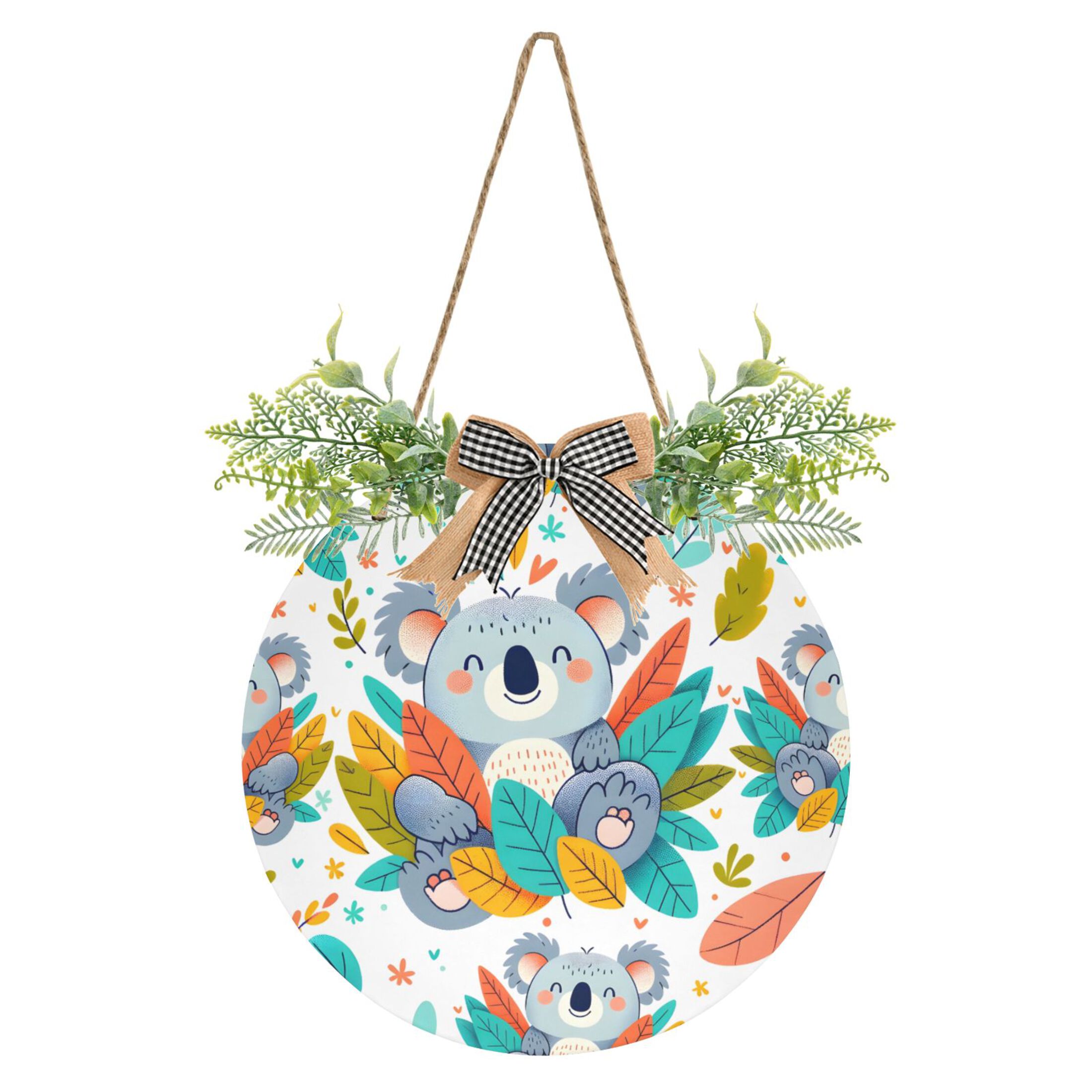 Welcome Door Sign Koala with Leaves 11.8" Round Front Entrance Hanging ...