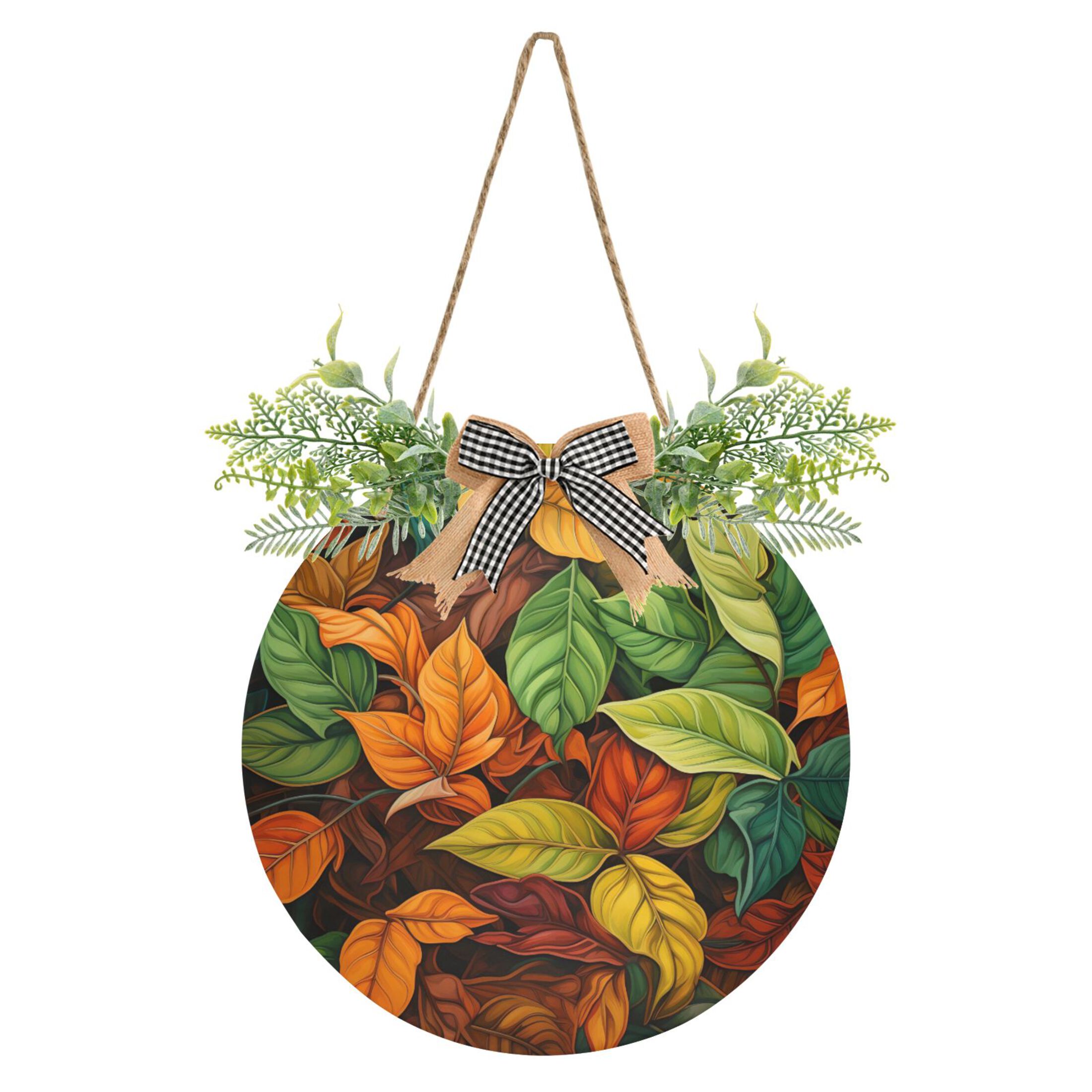 Welcome Door Sign Leaves Autumn 11.8" Round Front Entrance Hanging Sign ...