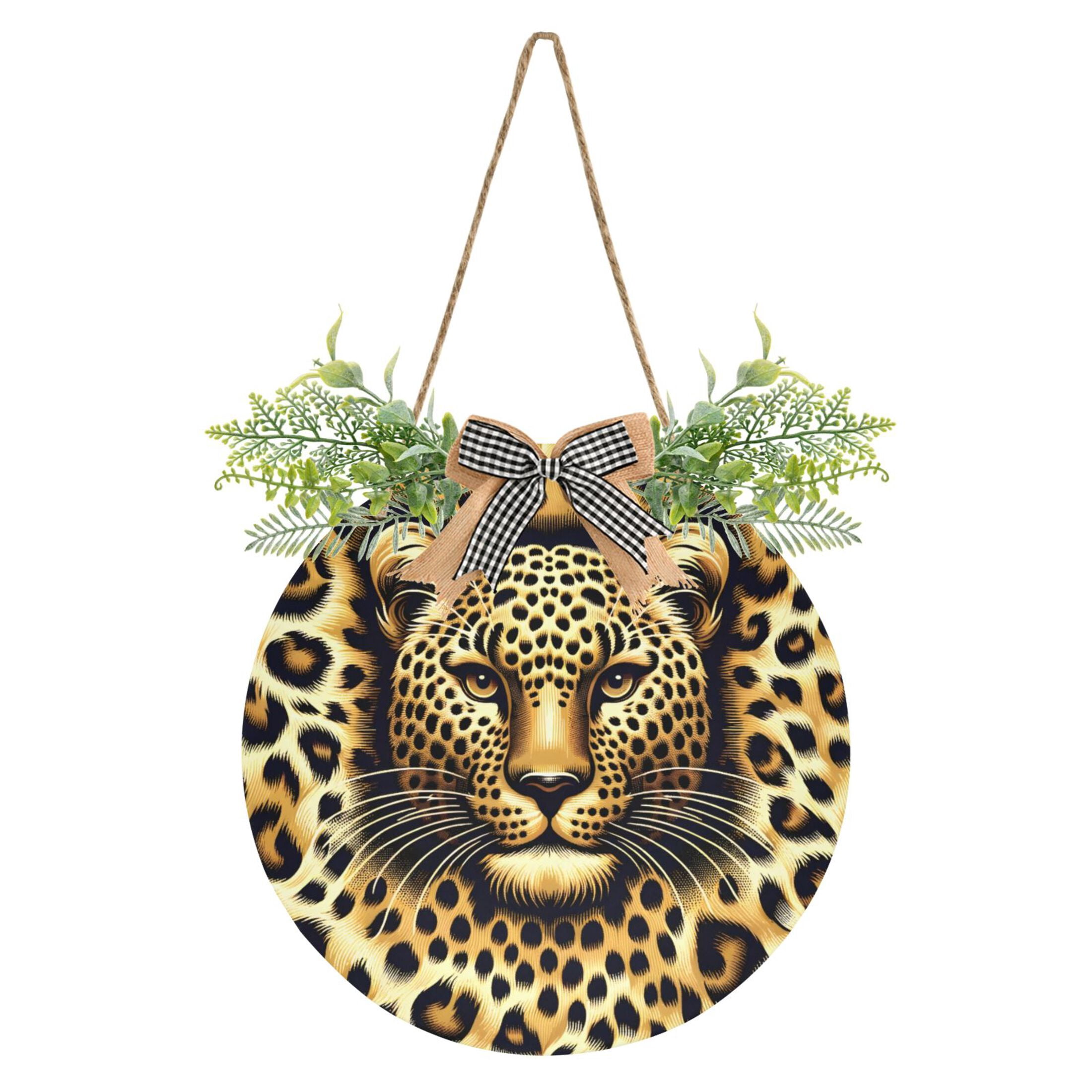 Welcome Door Sign Leopard Head Brown 11.8" Round Front Entrance Hanging ...