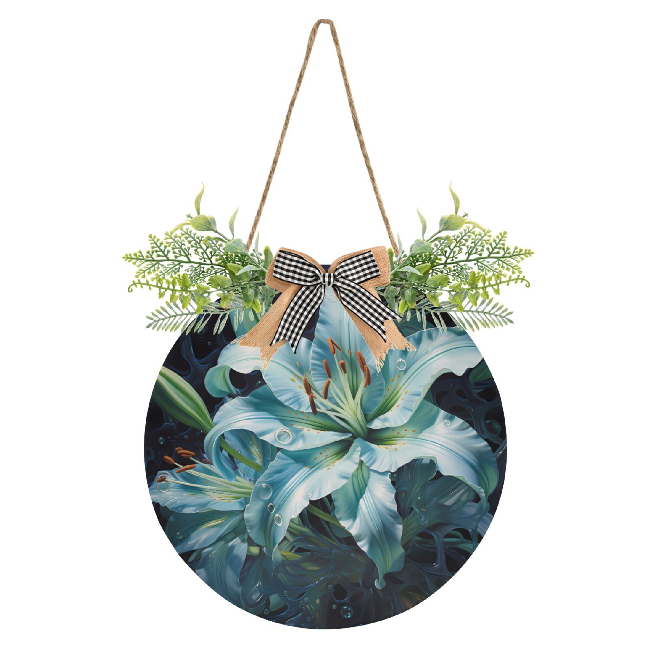 Welcome Door Sign Lily Flower Green 11.8" Round Front Entrance Hanging ...