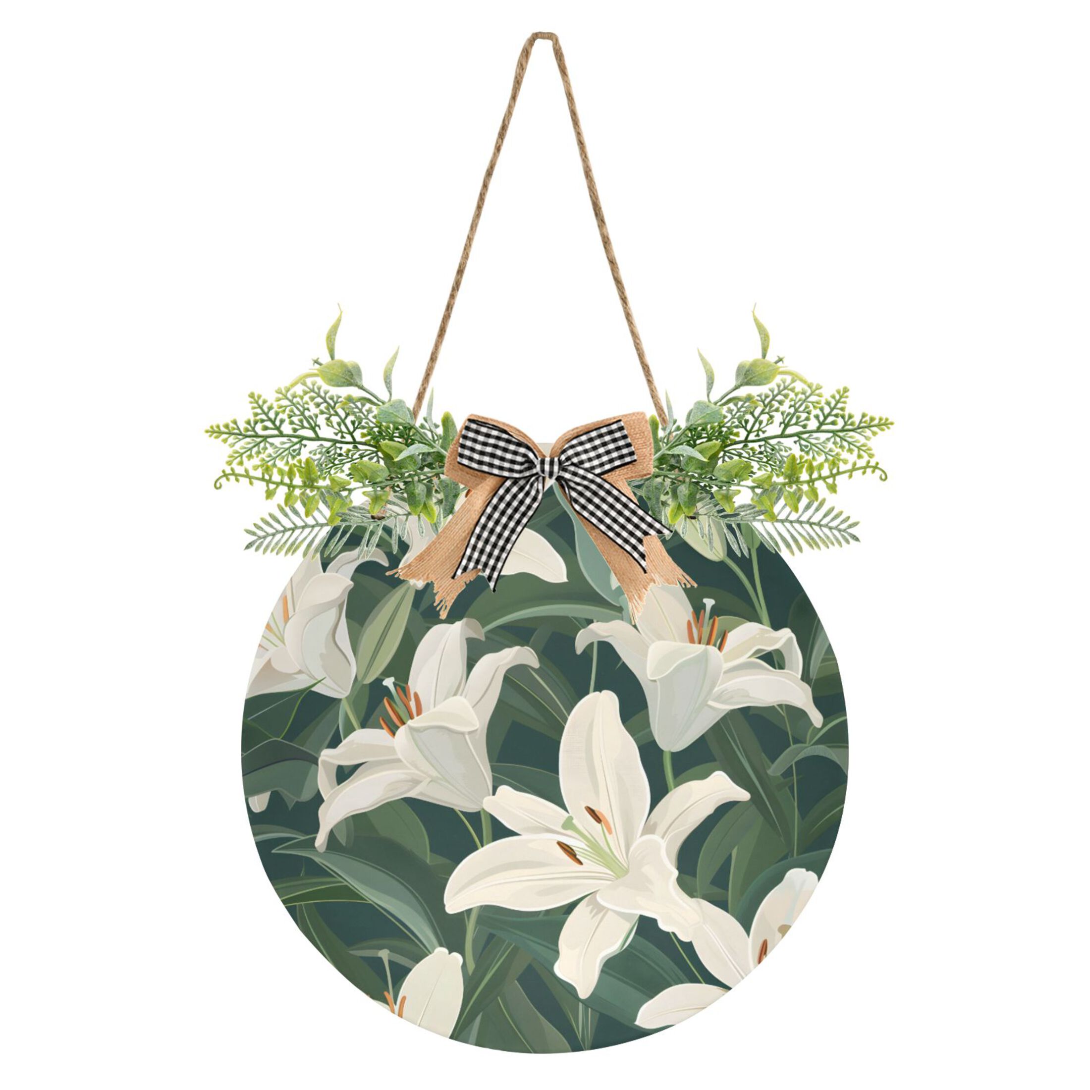 Welcome Door Sign Lily with Leaves 11.8" Round Front Entrance Hanging ...
