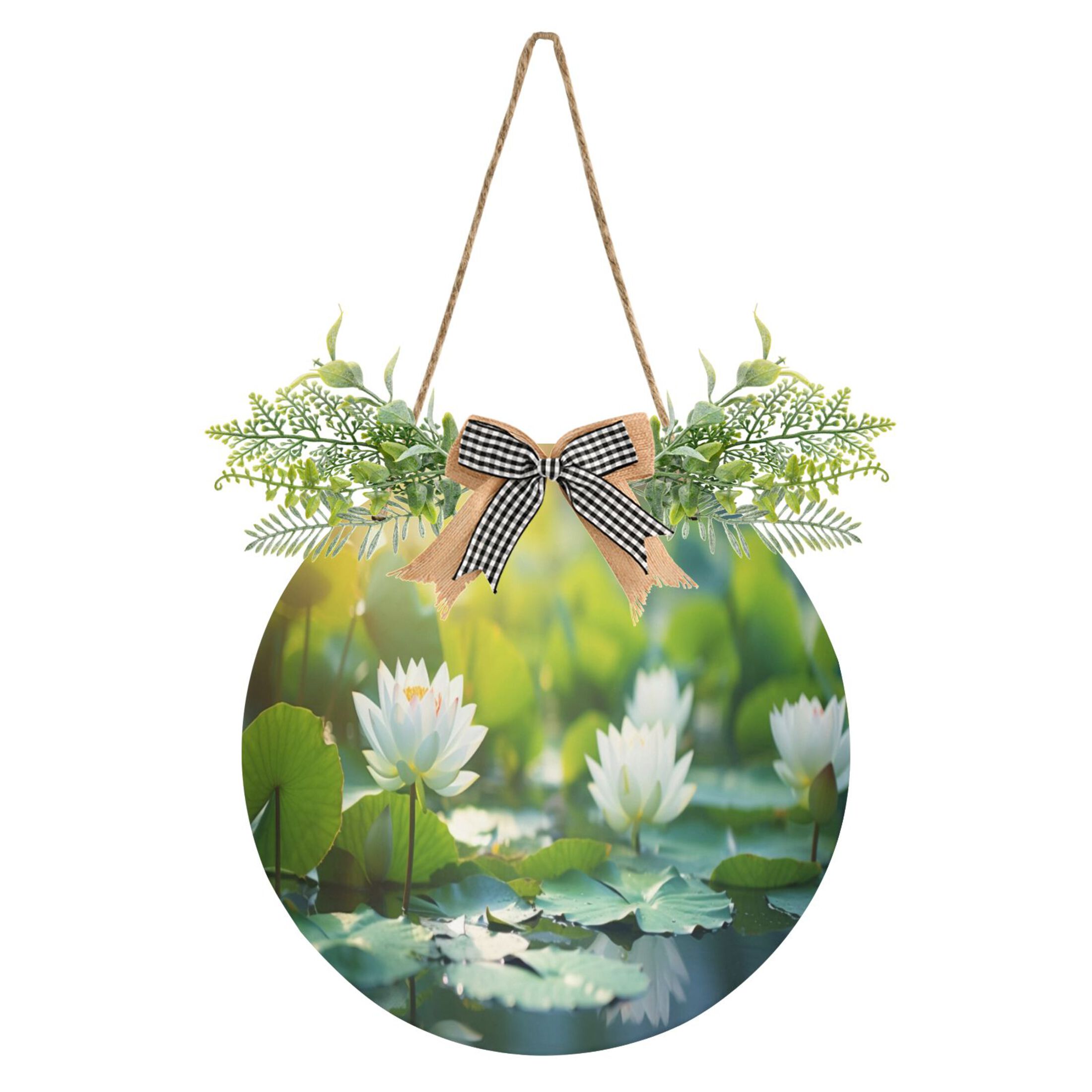 Welcome Door Sign Lotus Flower Leaf 11.8" Round Front Entrance Hanging ...