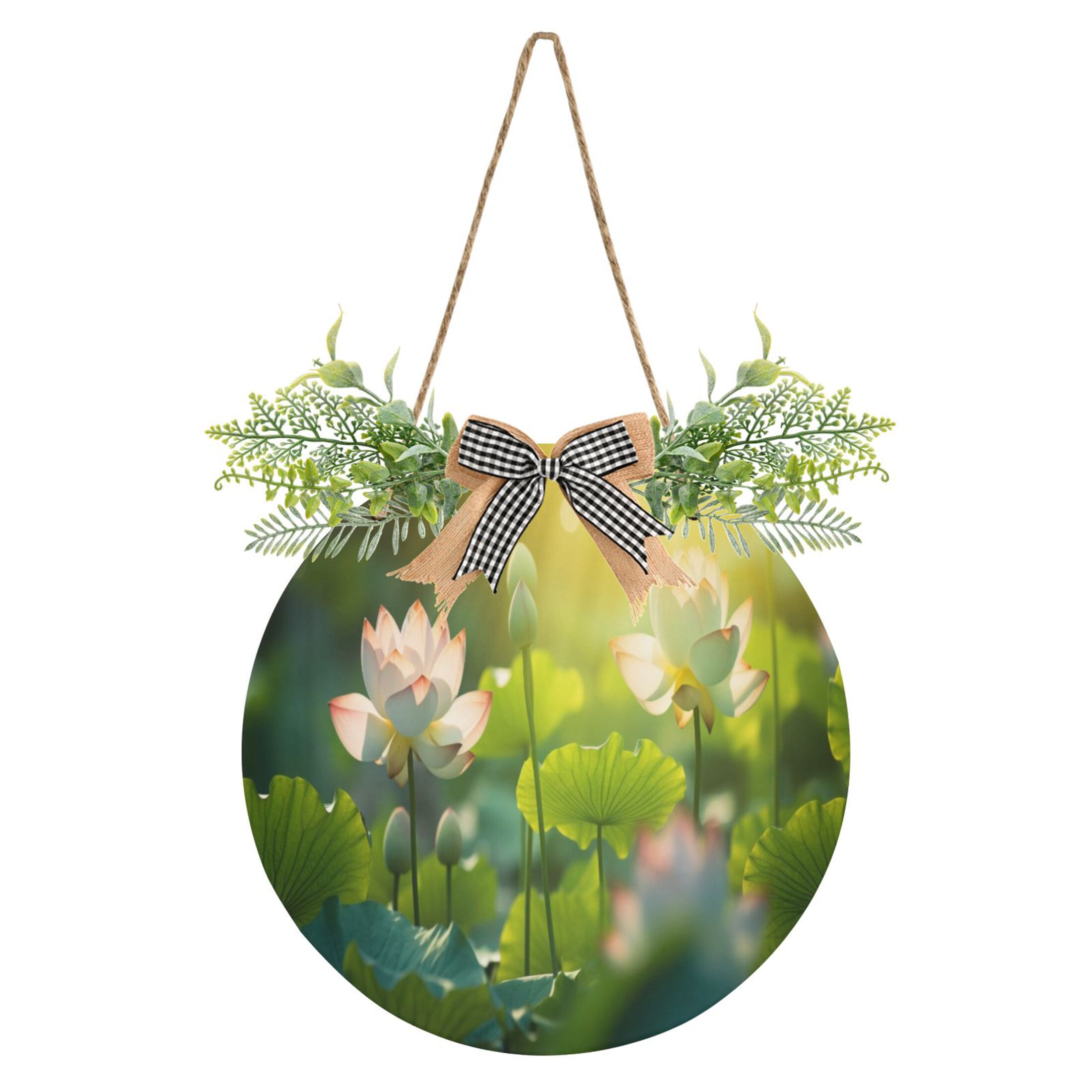 Welcome Door Sign Lotus Flowers Green 11.8" Round Front Entrance ...