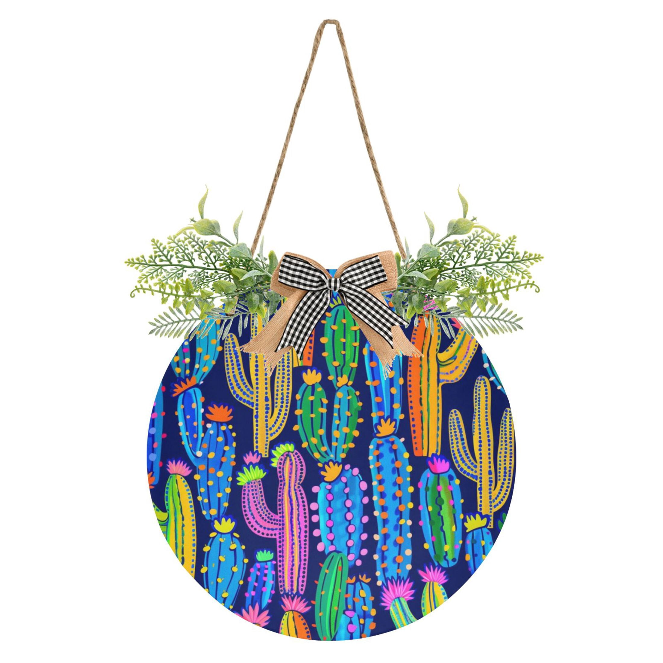 Welcome Door Sign Magic Cactus 11.8" Round Front Entrance Hanging Sign ...