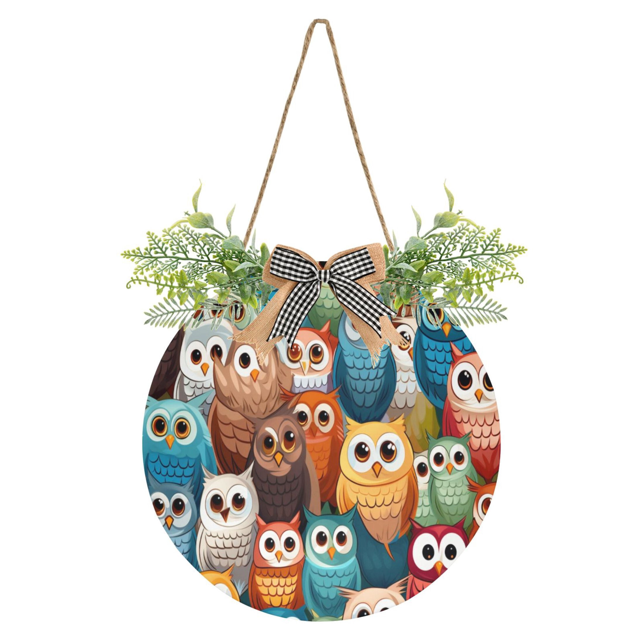 Welcome Door Sign Owl Cute 11.8" Round Front Entrance Hanging Sign with ...