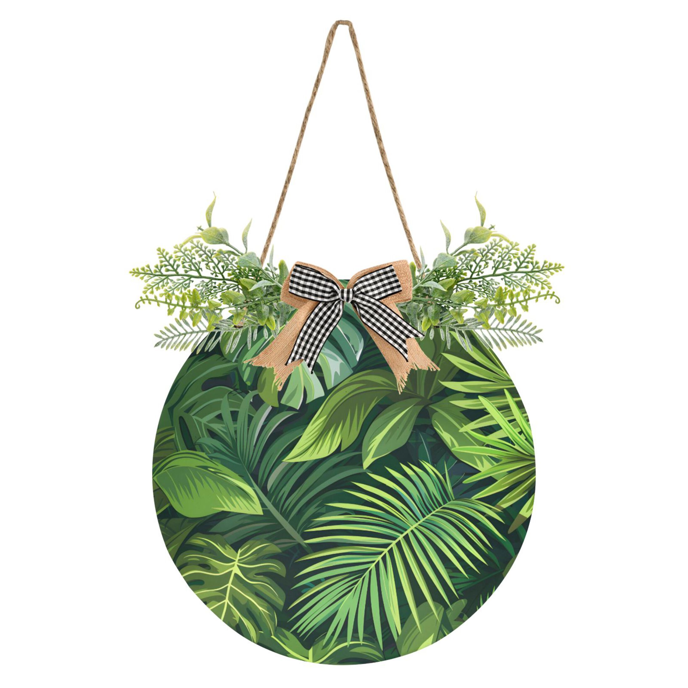 Welcome Door Sign Palm Leaf Plant 11.8" Round Front Entrance Hanging ...
