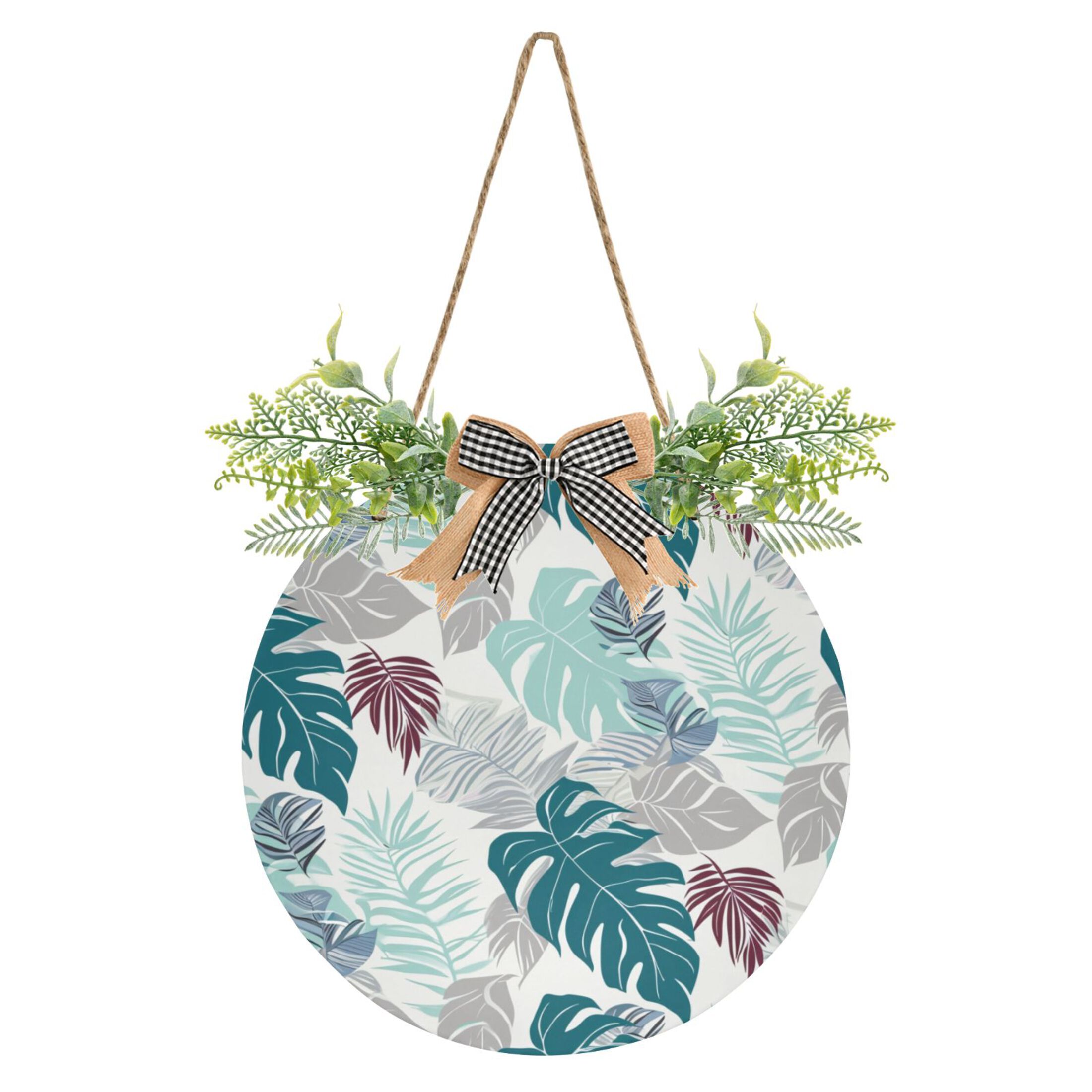 Welcome Door Sign Palm Leaves 11.8" Round Front Entrance Hanging Sign ...