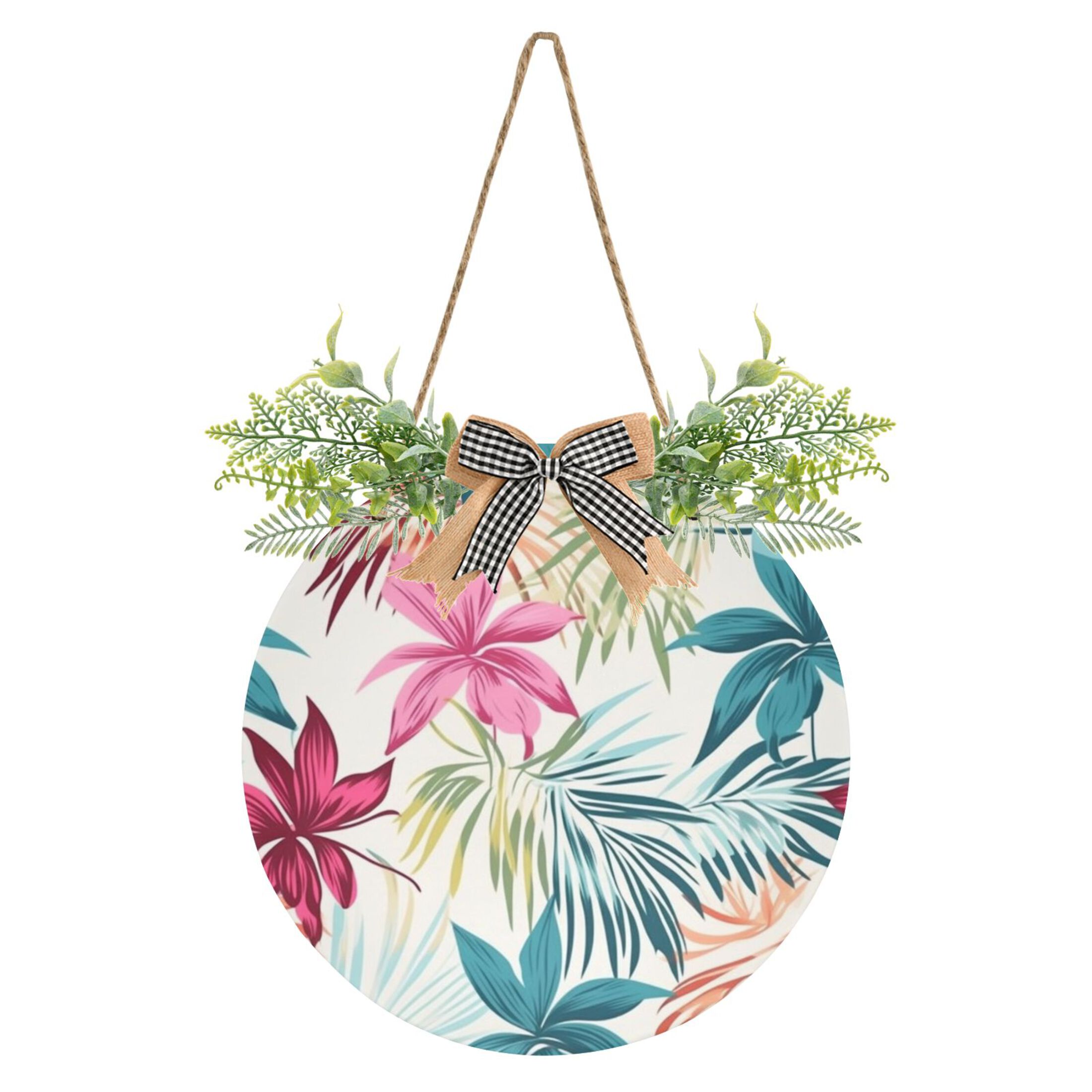 Welcome Door Sign Palm Leaves Flowers 11.8" Round Front Entrance ...