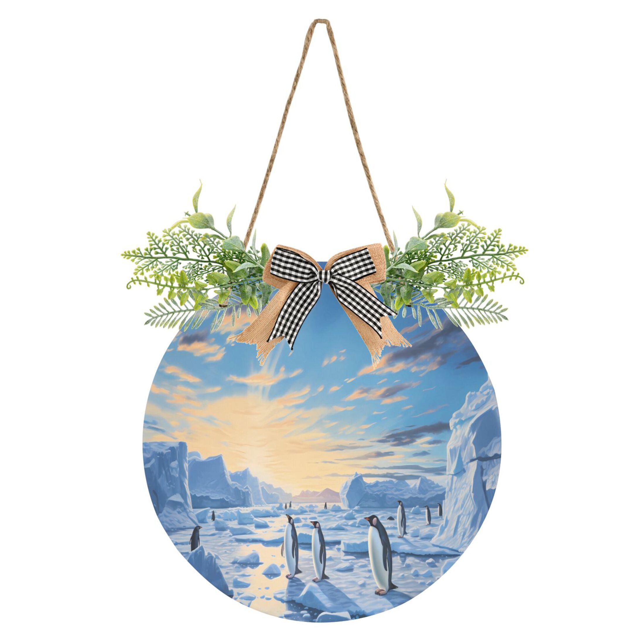 Welcome Door Sign Penguins on Snow 11.8" Round Front Entrance Hanging ...