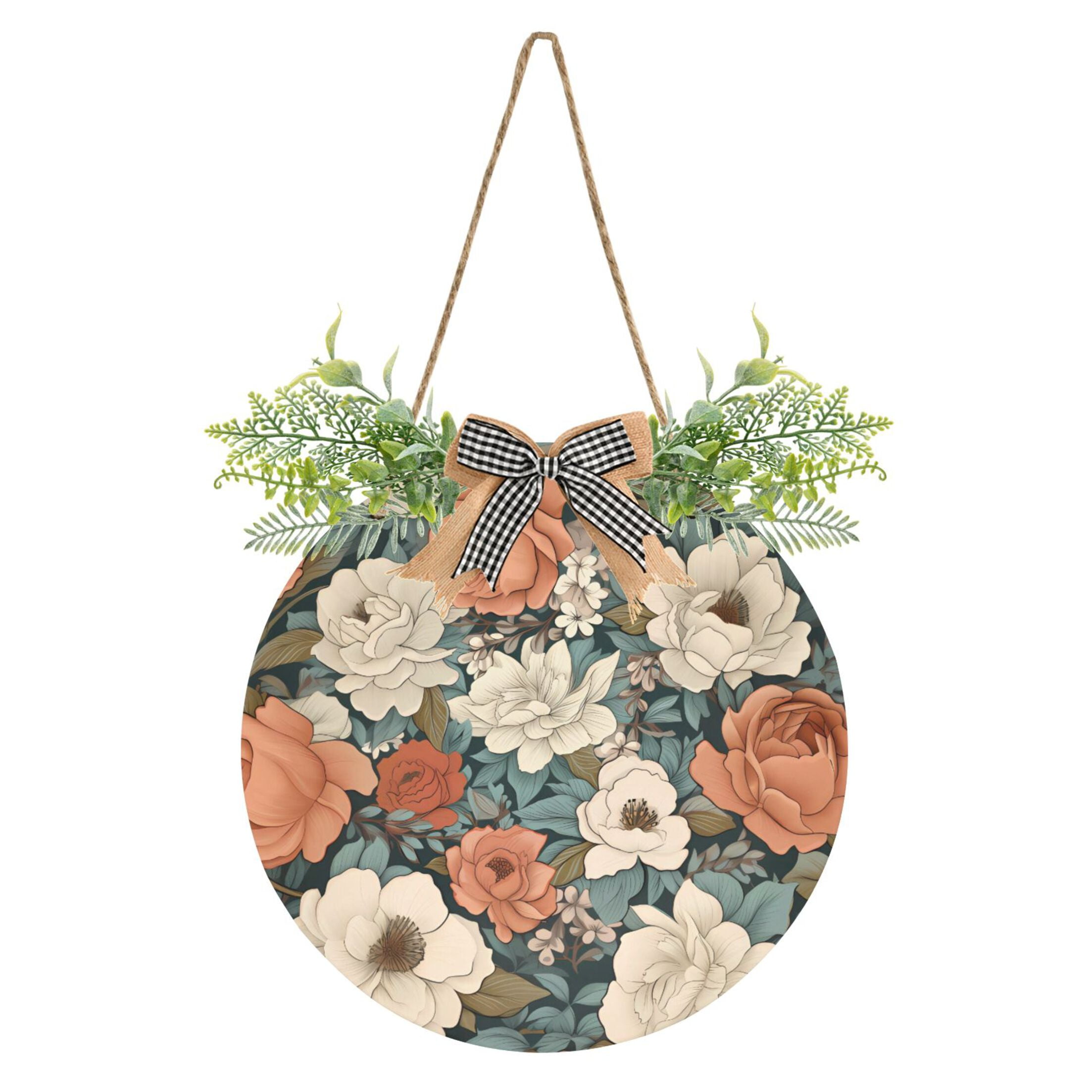 Welcome Door Sign Peony Flowers and Leaves 11.8" Round Front Entrance ...