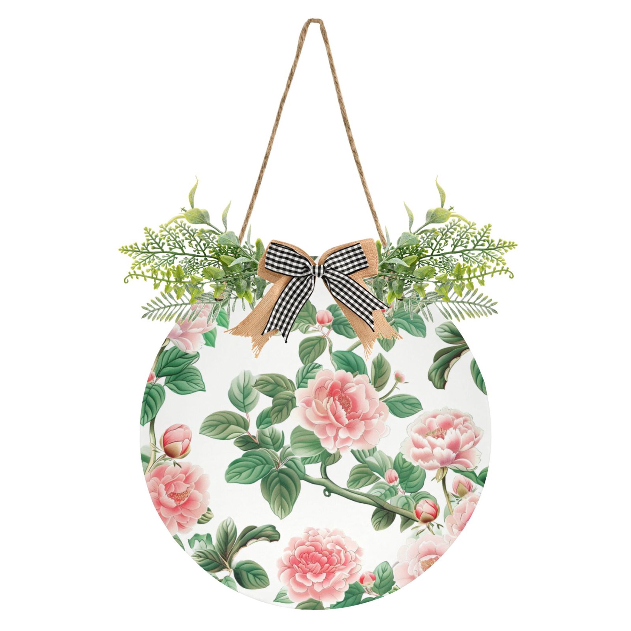 Welcome Door Sign Peony Flowers with Leaves 11.8" Round Front Entrance ...