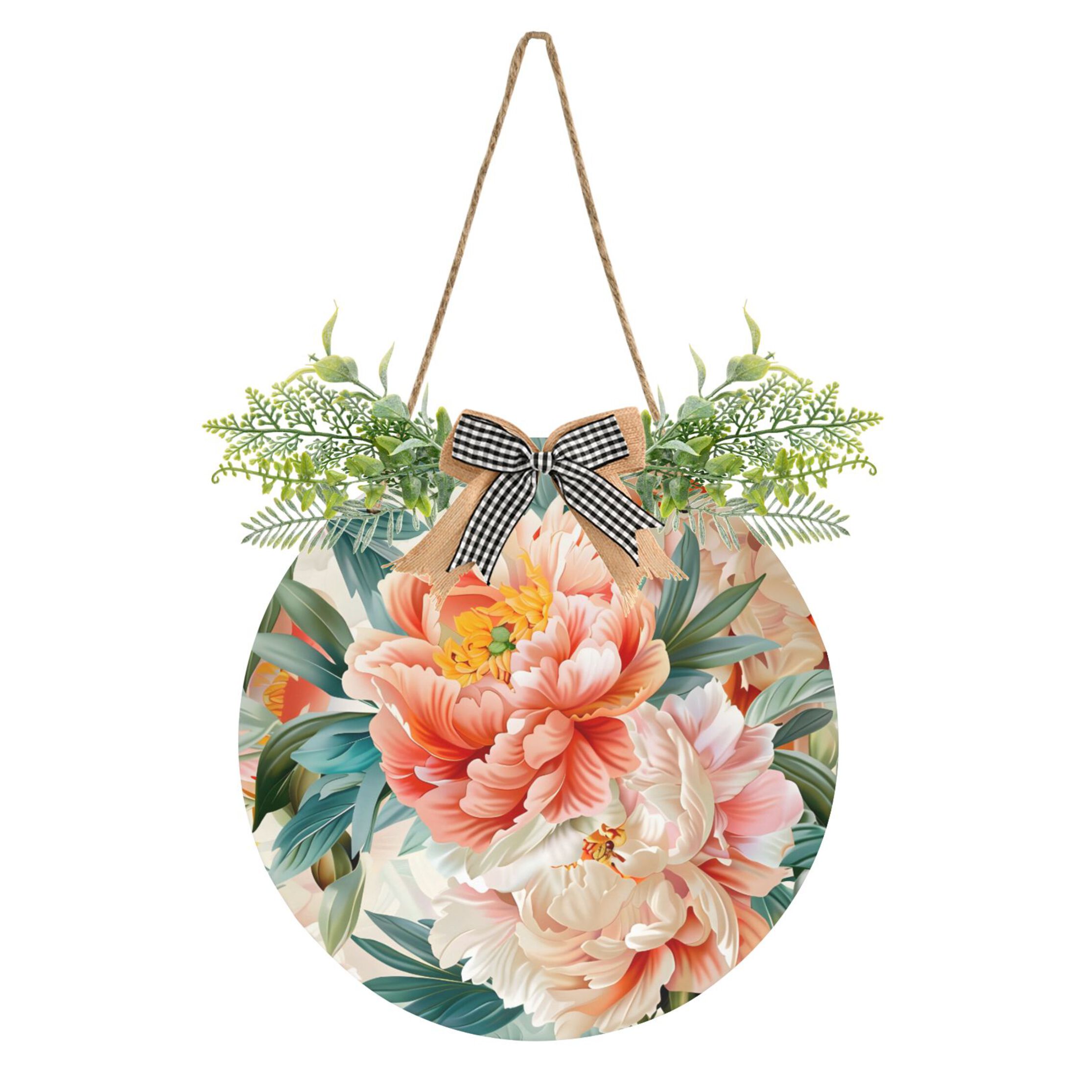 Welcome Door Sign Peony and Leaf 11.8" Round Front Entrance Hanging ...