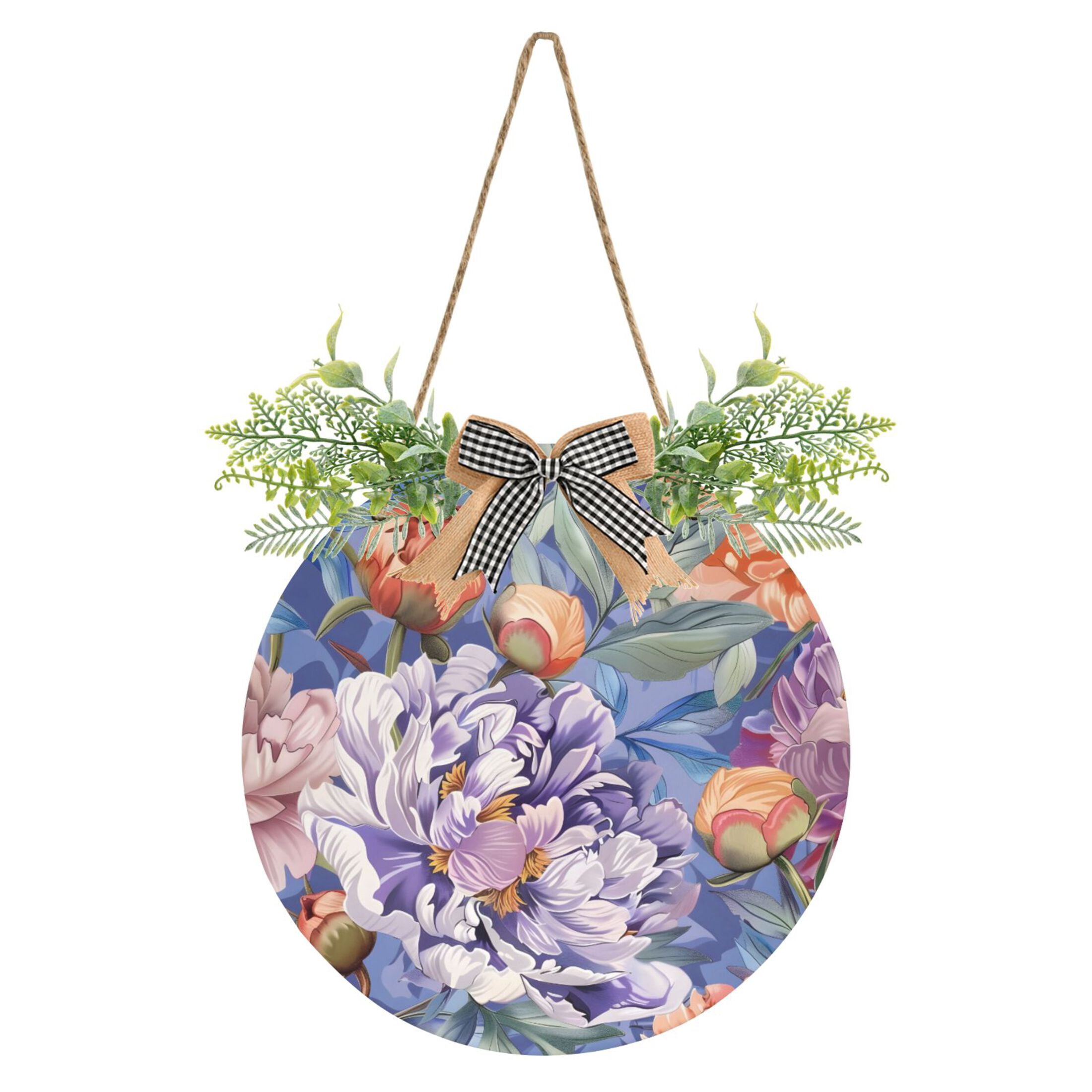 Welcome Door Sign Peony and Leaves 11.8" Round Front Entrance Hanging ...