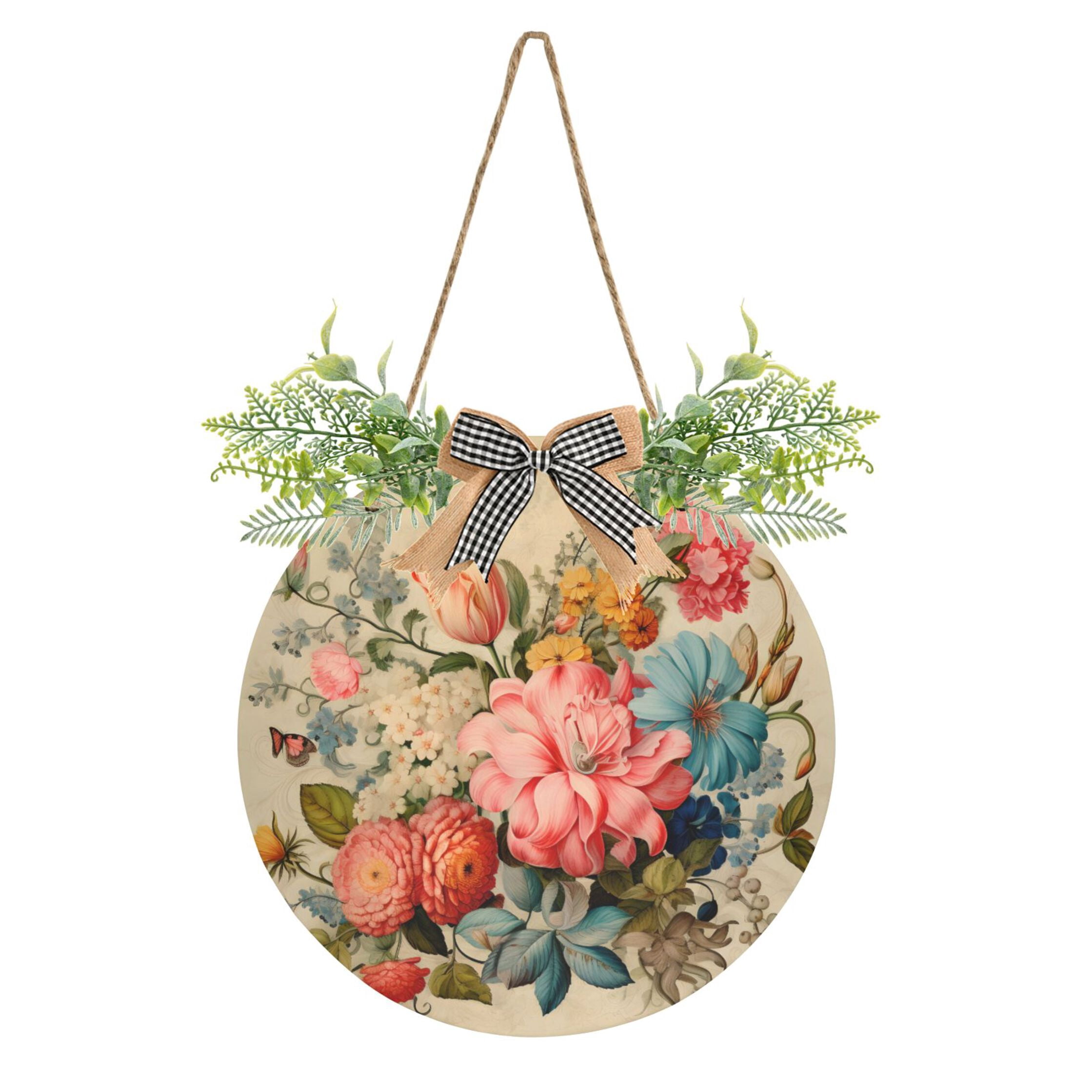 Welcome Door Sign Pink Flowers Print 11.8" Round Front Entrance Hanging ...
